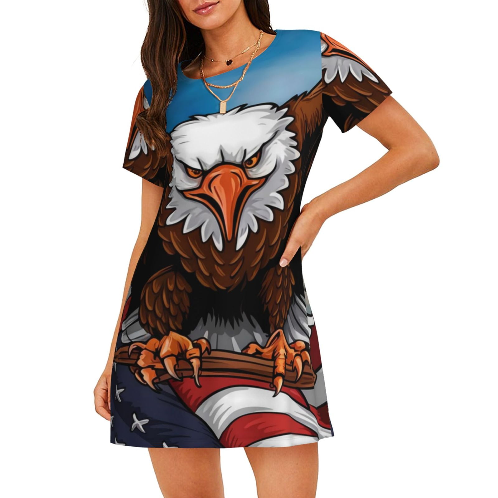 Zeuib Cartoon Bald Eagle USA Print Women's Nightgown,Short Sleeve ...