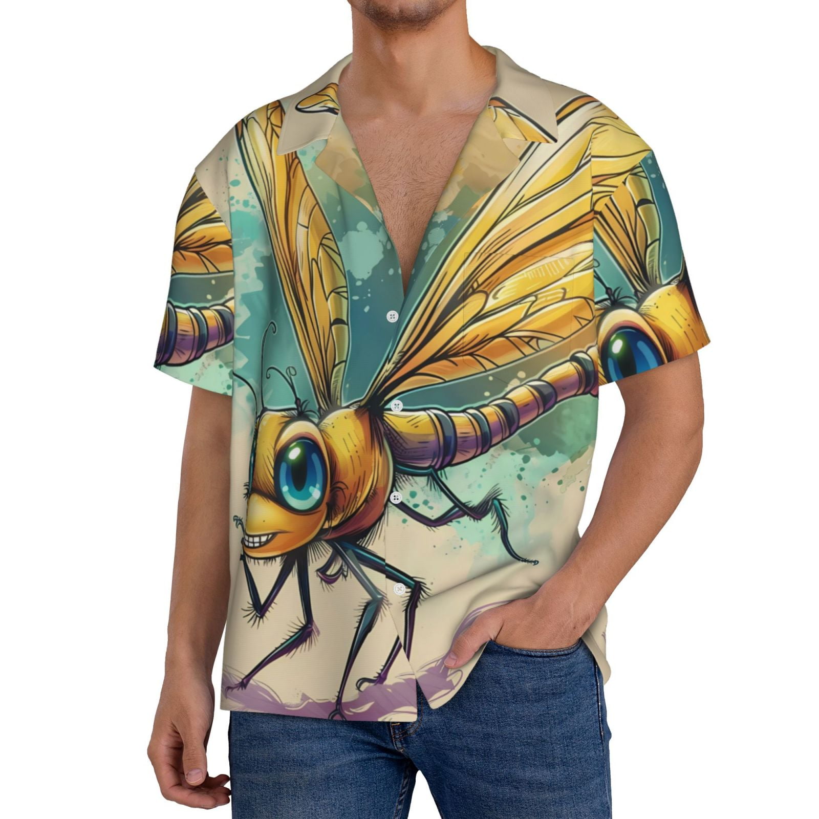 Zeuib Cartoon Dragonfly Art Men's Short Sleeve Button-Down Shirt,Cuban ...