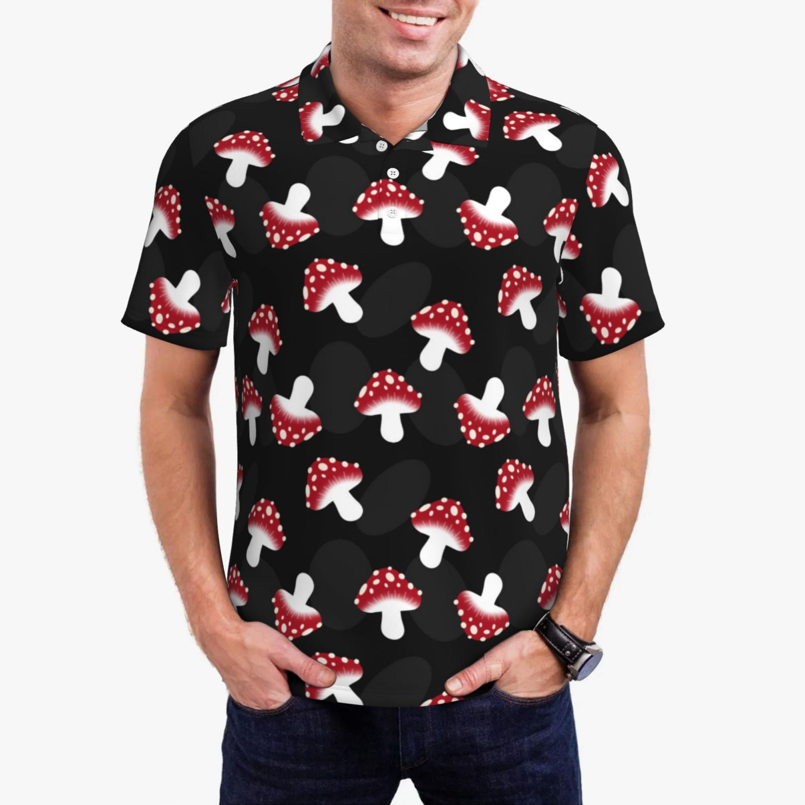 Zeuib Cartoon Mushroom Print Men's Athletic Fit Golf Polo Shirt ...
