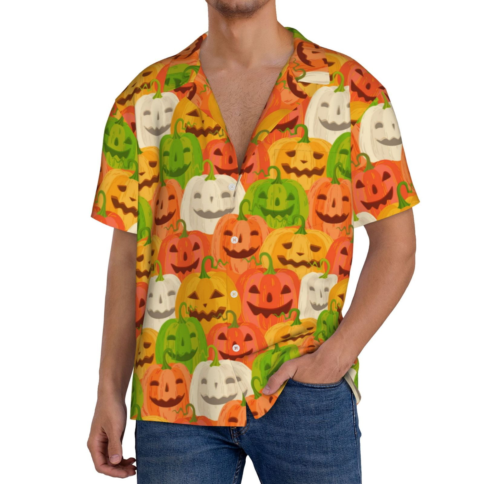 Zeuib Cartoon Pumpkins Men's Short Sleeve Button-Down Shirt,Cuban ...