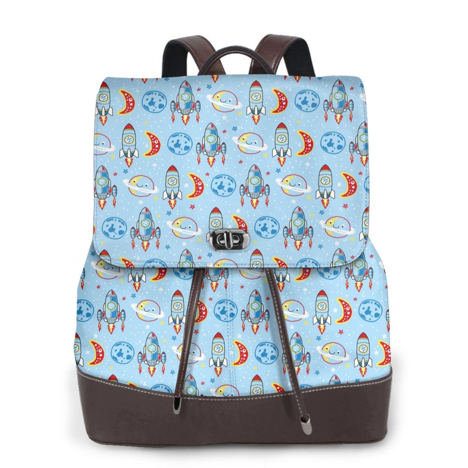 Zeuib Cartoon Rocket With Space Print Leather Backpack for Women ...