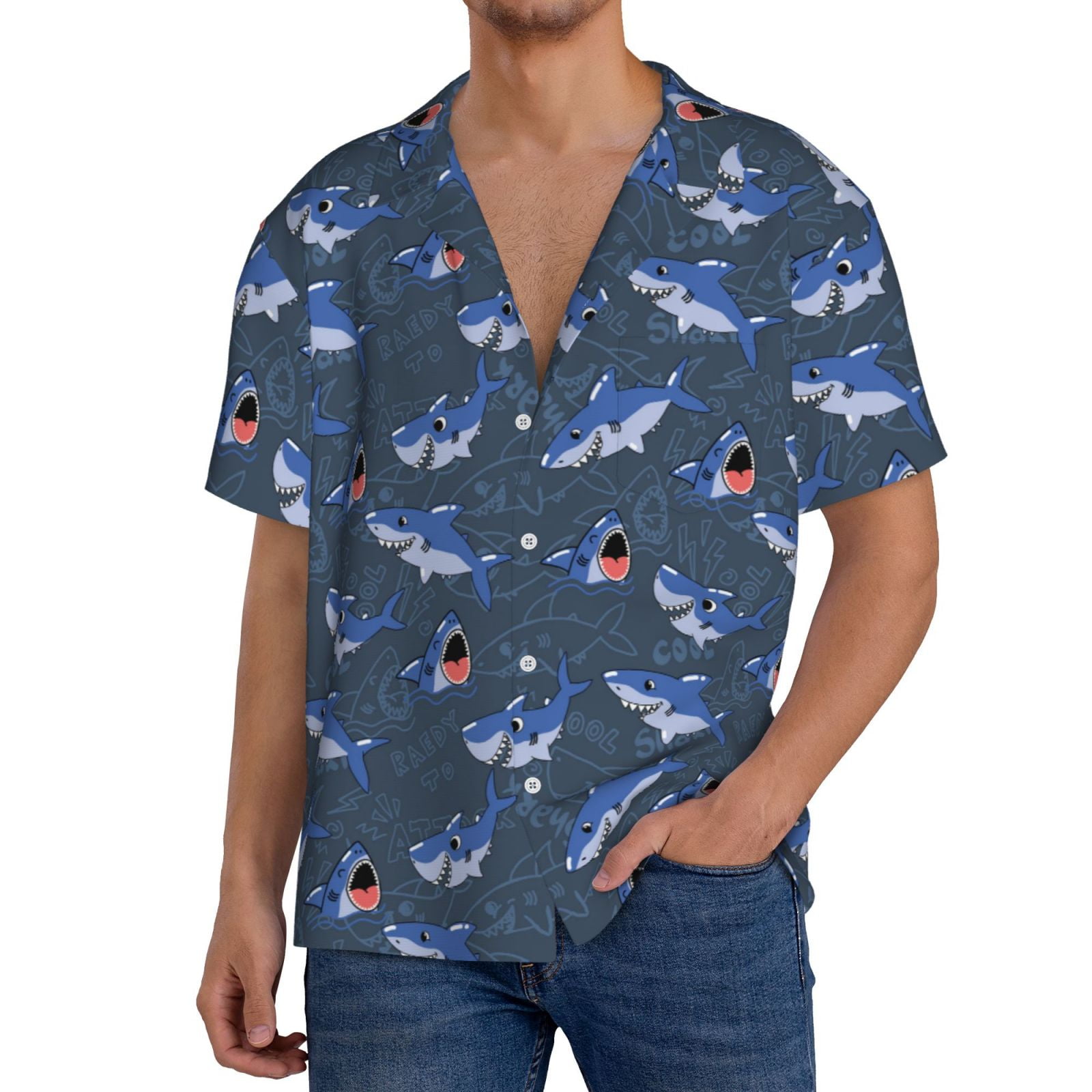 Zeuib Cartoon Shark Men's Short Sleeve Button-Down Shirt,Cuban Shirts ...