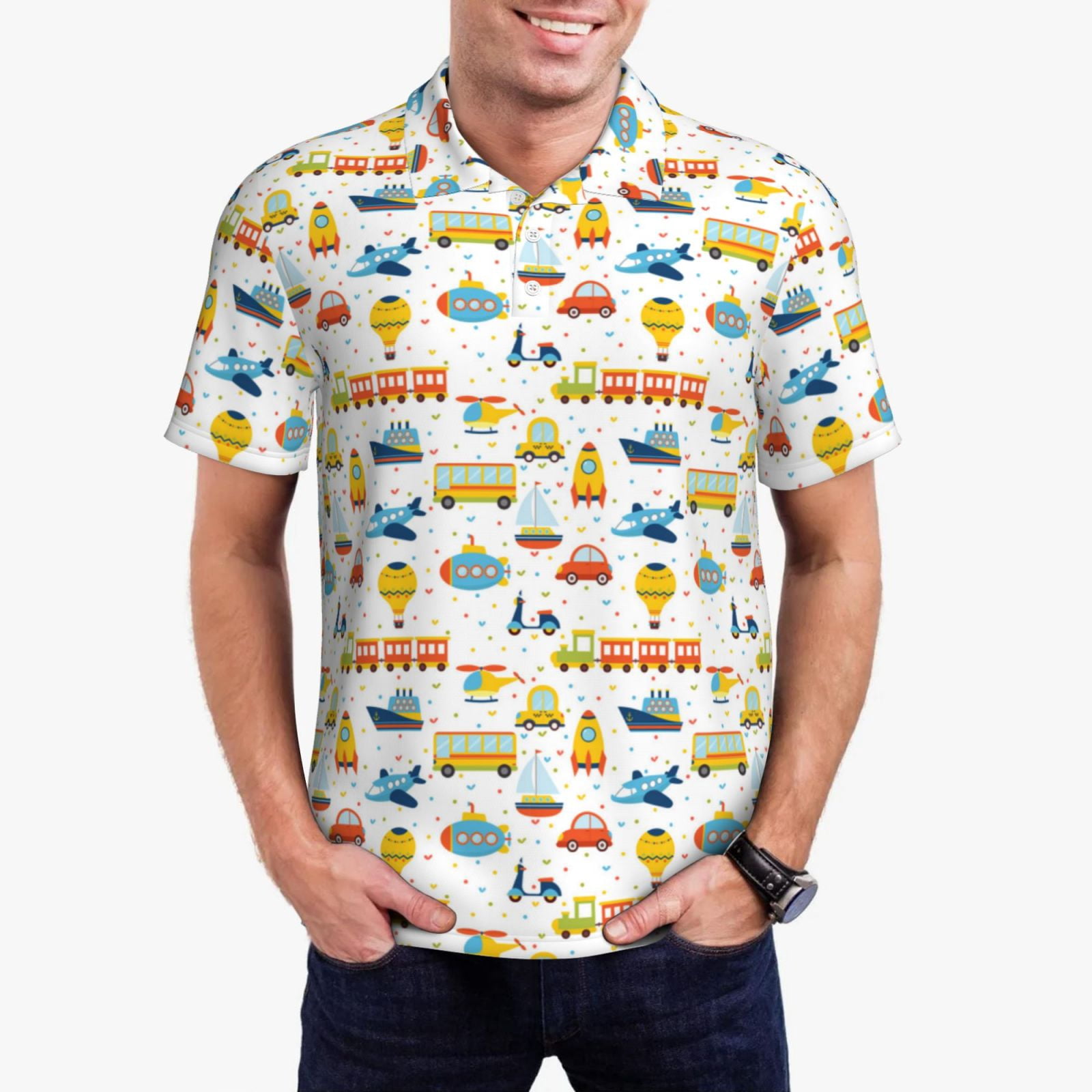 Zeuib Cartoon Transport Print Men's Athletic Fit Golf Polo Shirt ...