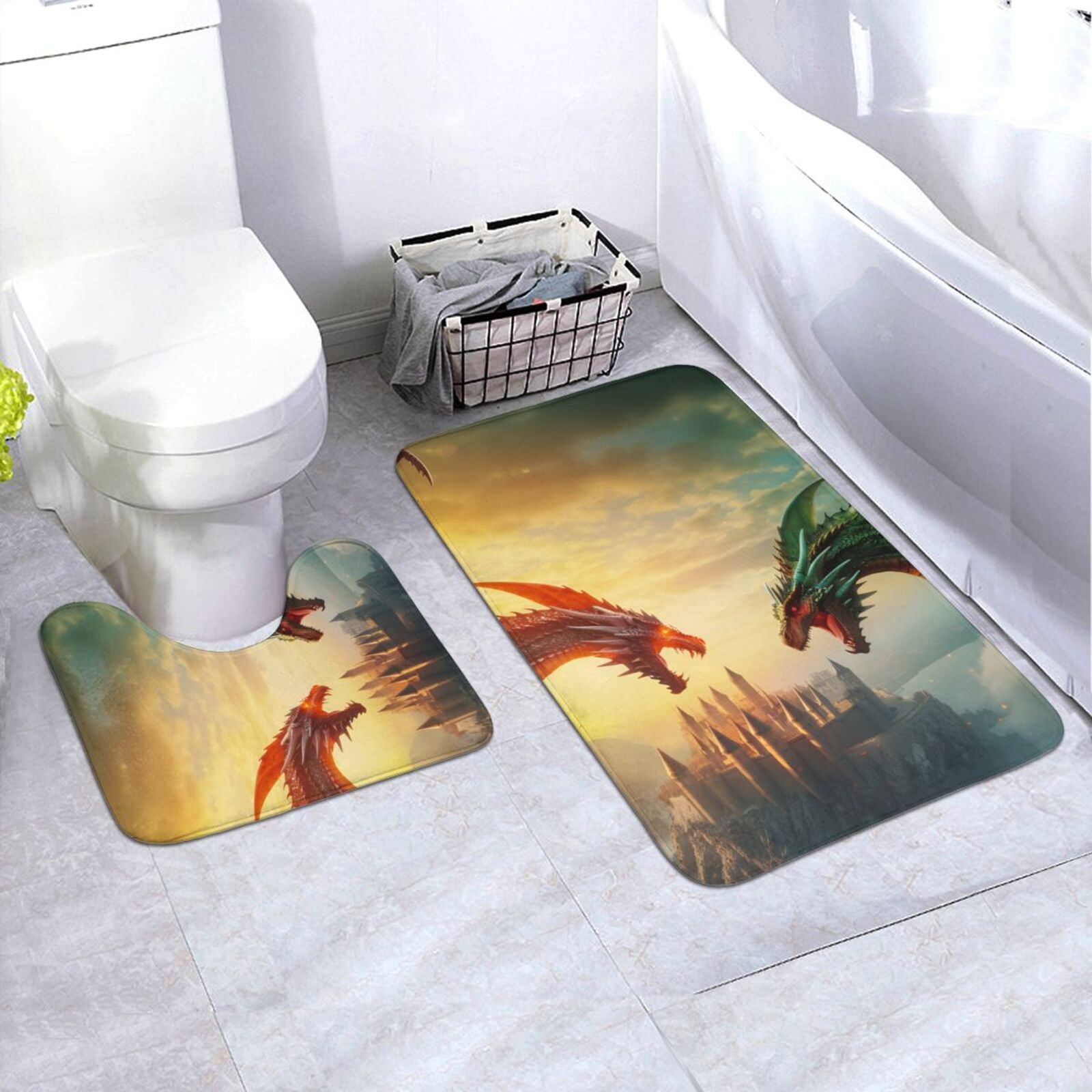 Zeuib Castle Red Green Sky Dragon Water/Dust Absorbent bath rug set ...