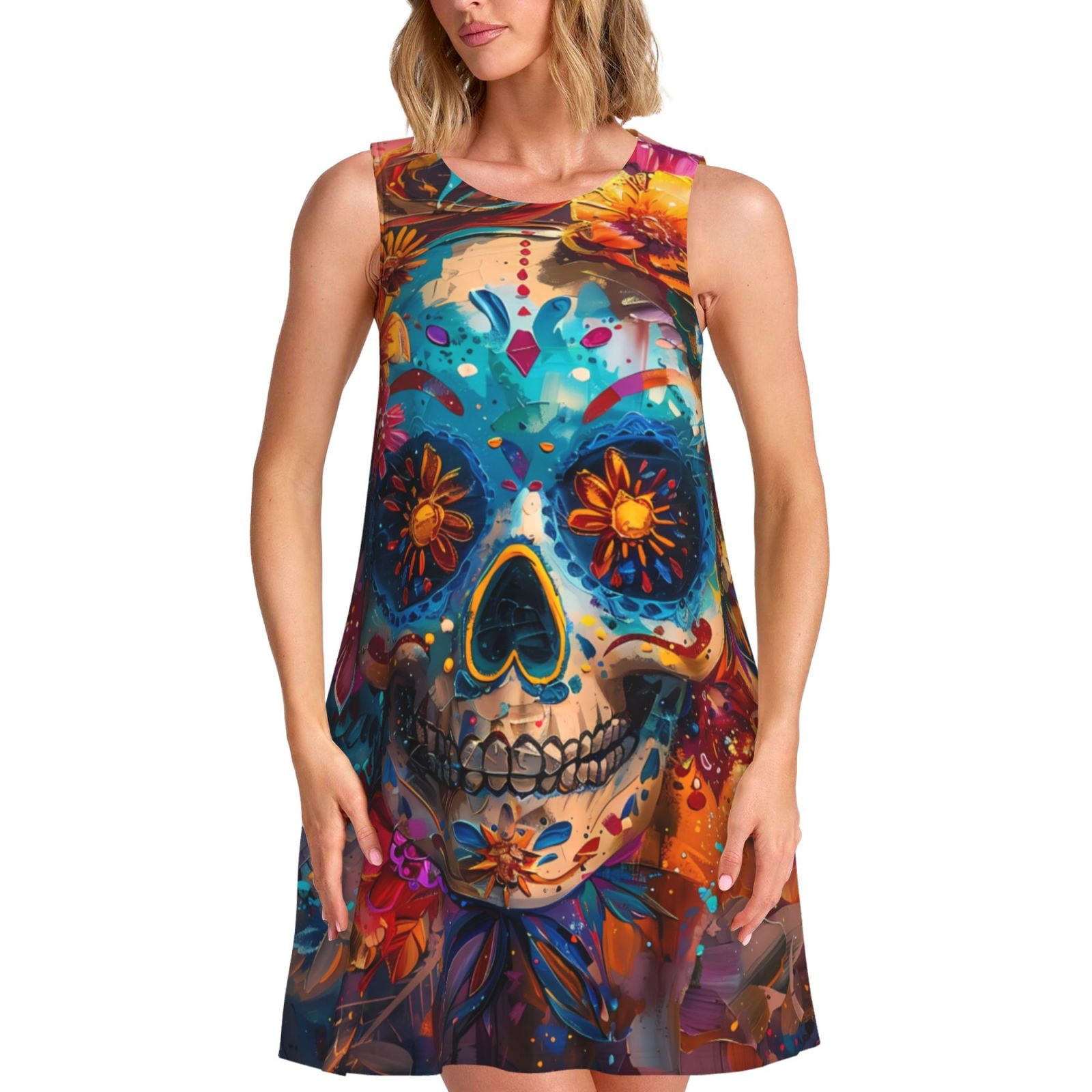 Zeuib Colorful Floral Skull A Print Women's Sleeveless Dress,Beach ...