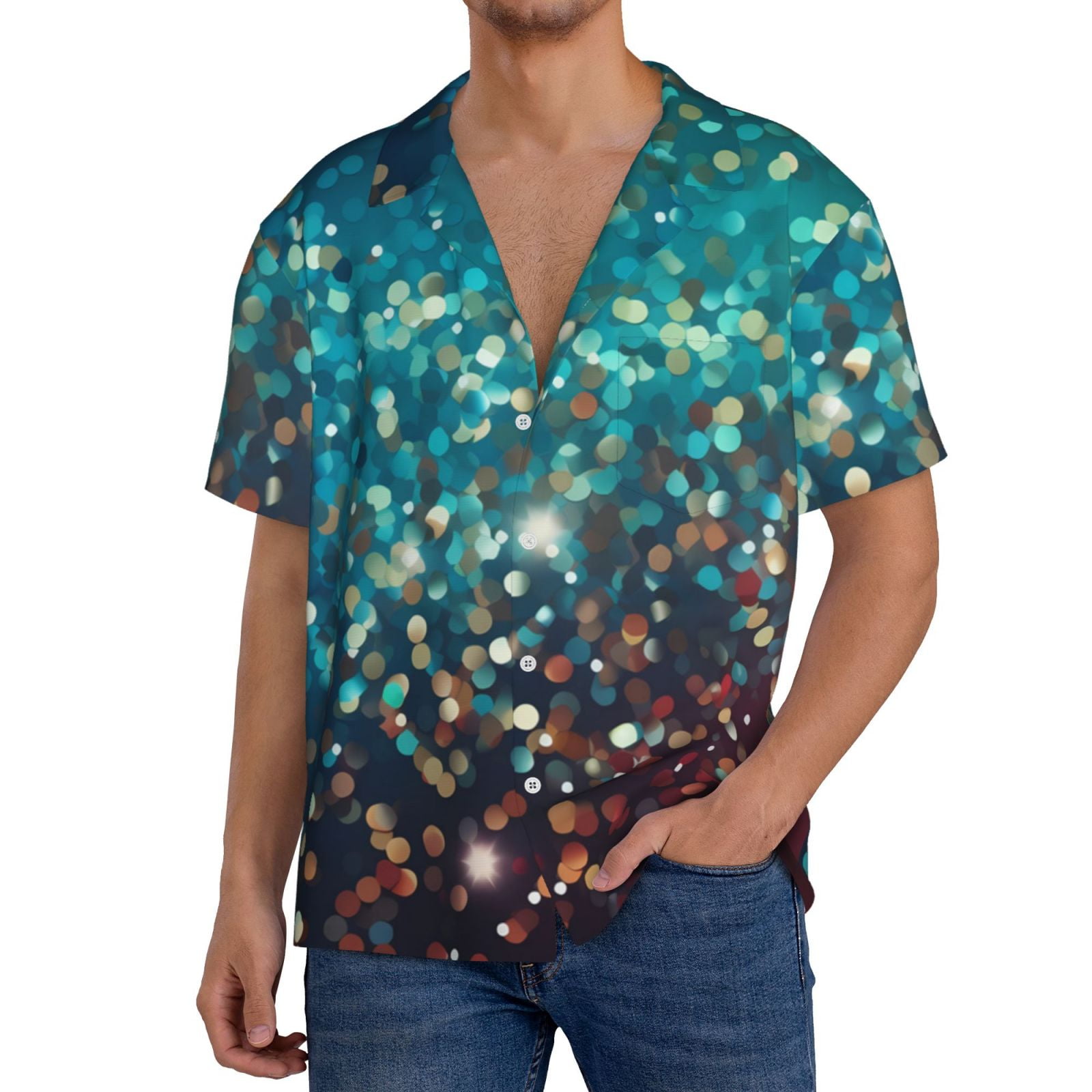 Zeuib Colorful Rainbow Glitter Men's Short Sleeve Button-Down Shirt,Cuban Shirts Classic ...