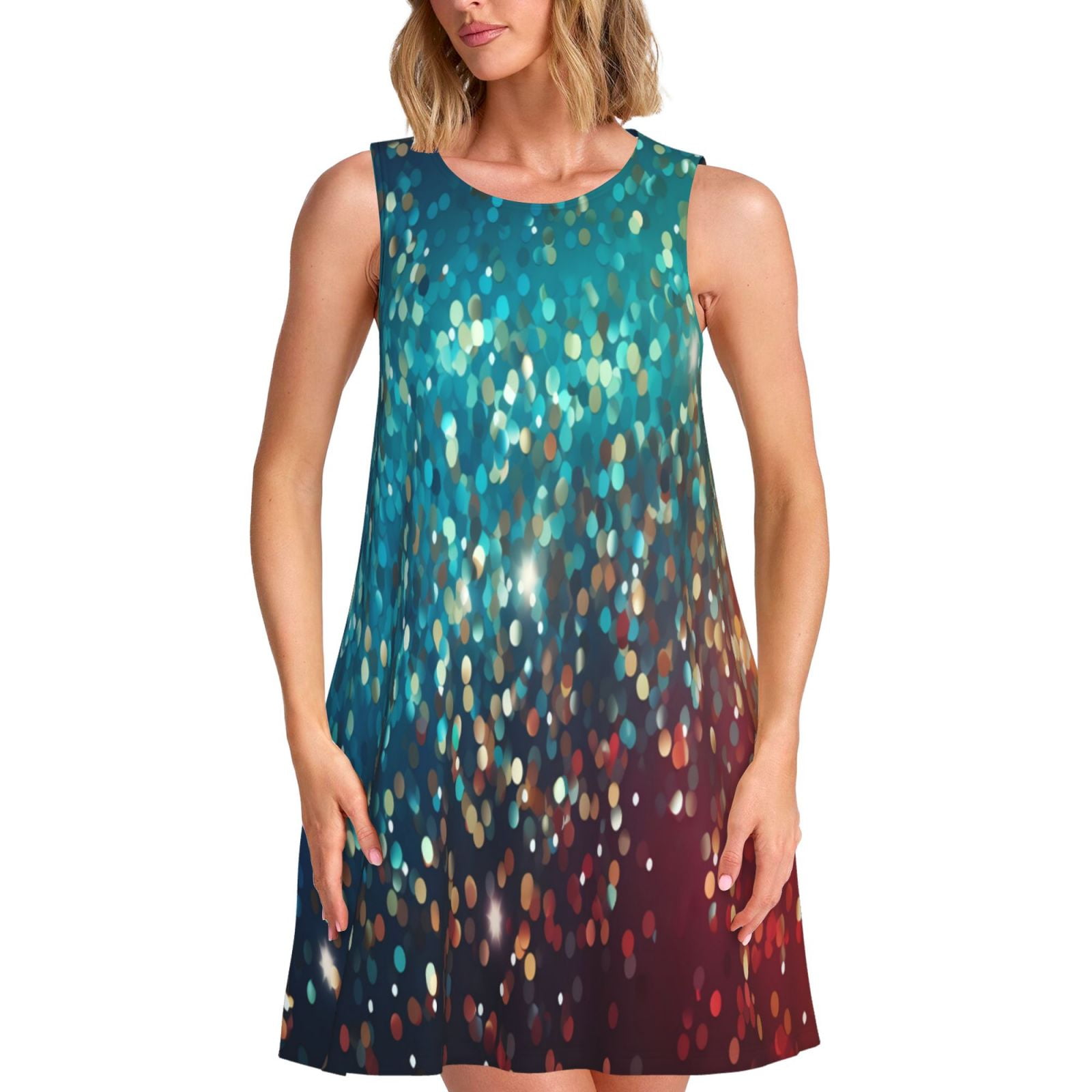 Zeuib Colorful Rainbow Glitter Print Women's Sleeveless Dress,Beach ...