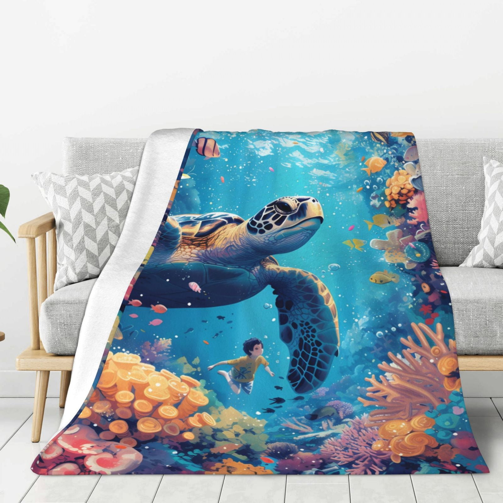 Zeuib Colorful Underwater Plant Turtle Print Fleece Throw Blanket,Plush ...