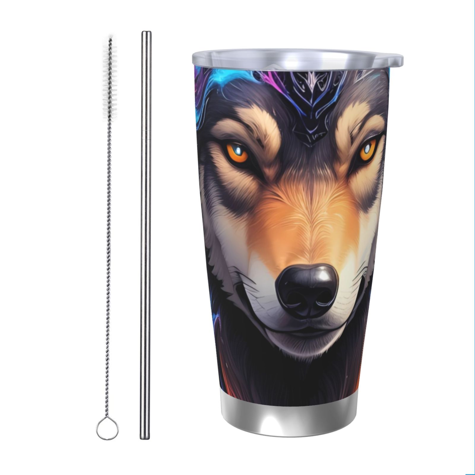 Zeuib Colorful Wolf Head Printed 20oz Stainless Steel Insulated Car Cup ...
