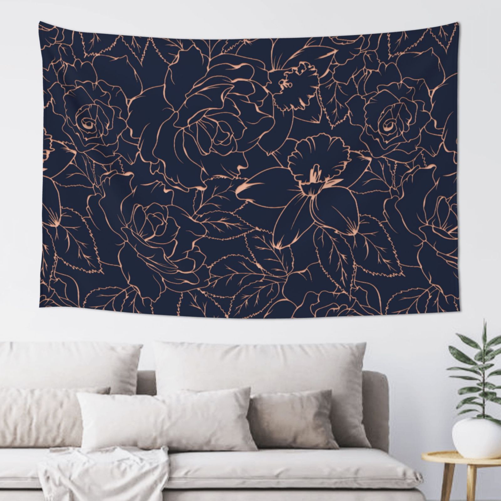 Zeuib Copper-Gold Gloss Outline Flower Print 60x40in Tapestry Wall ...