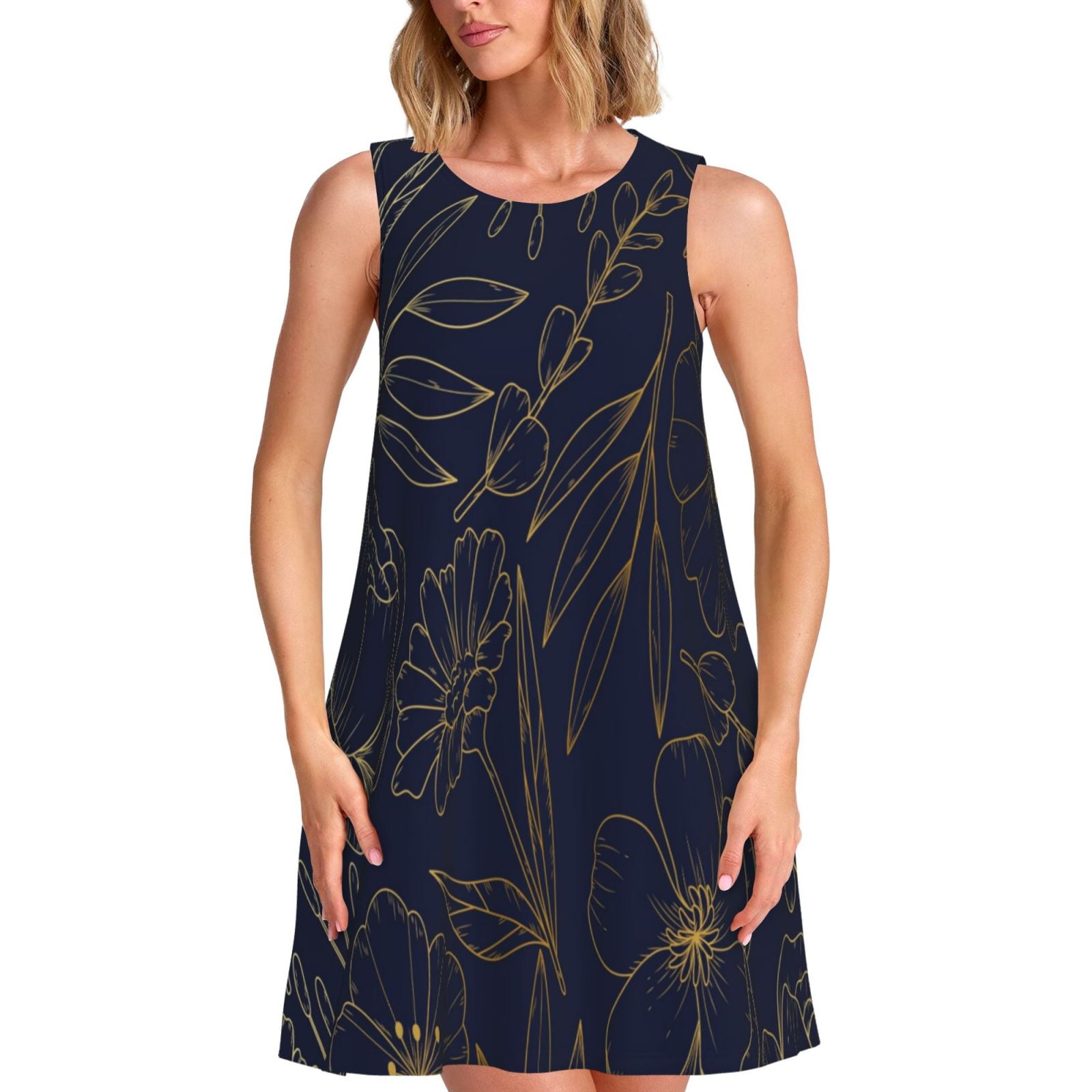 Zeuib Copper-Gold Gloss Outline Flower Print Women's Sleeveless Dress ...