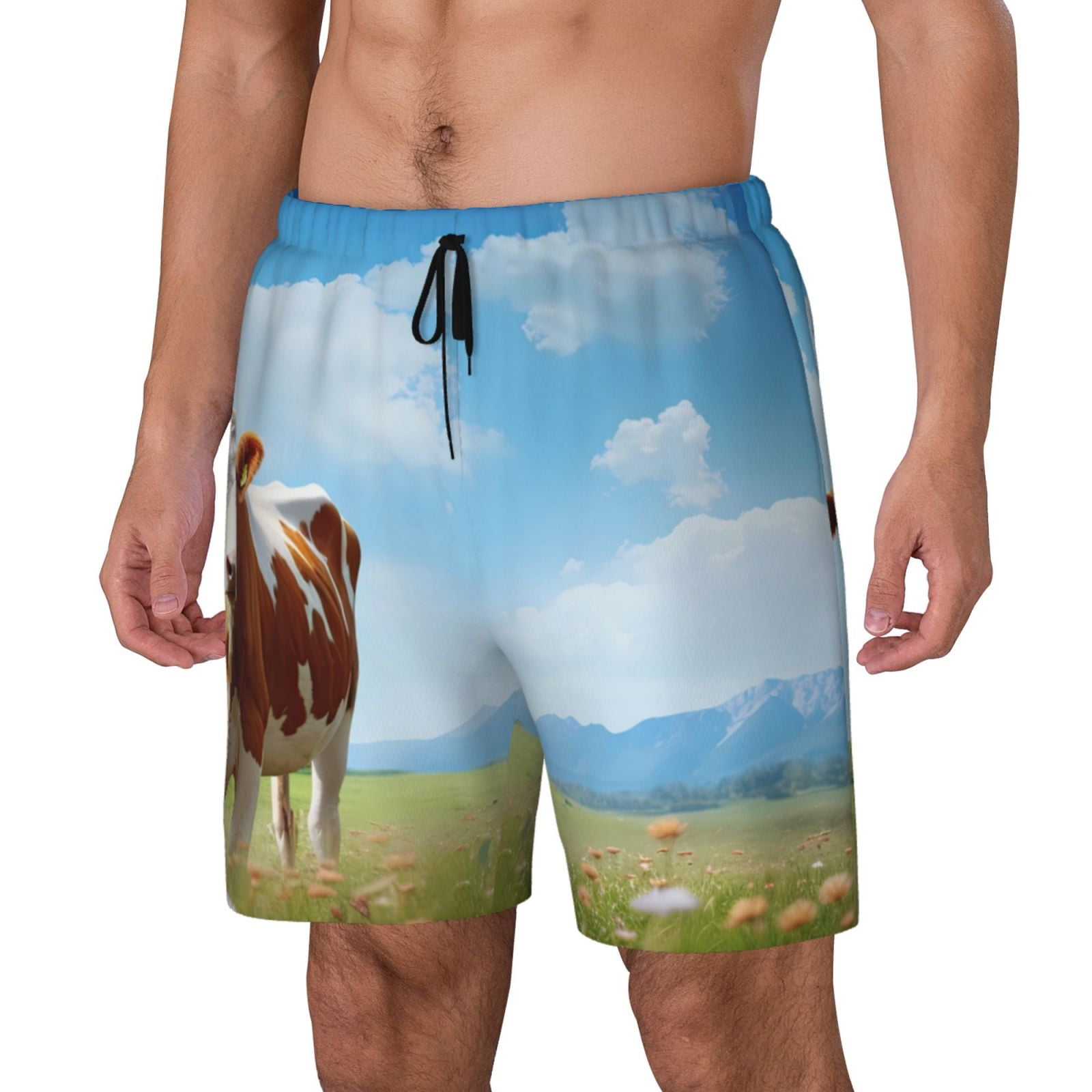 Zeuib Cow Grazing Nature Print Swimming Trunks for Men Boys,Swimming ...