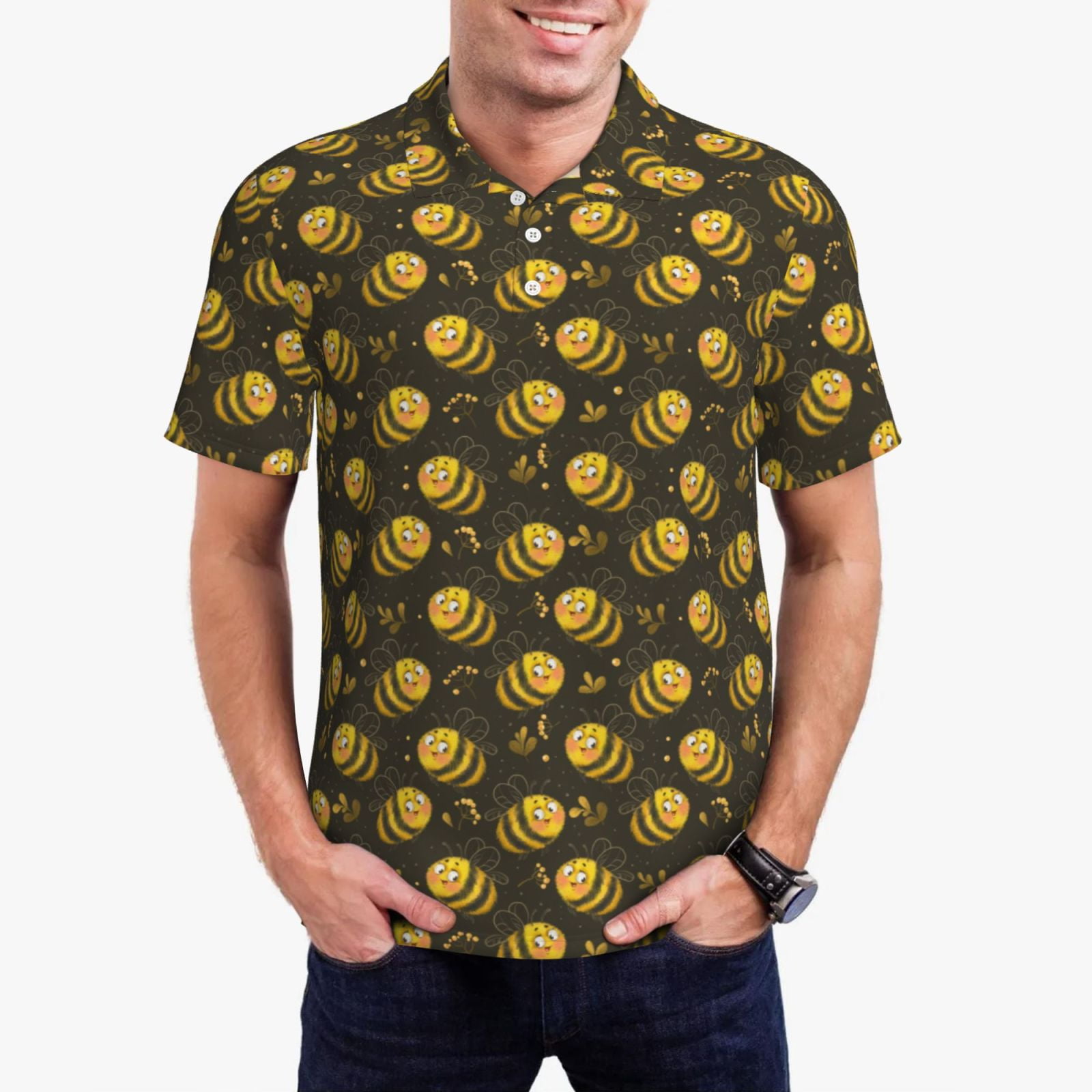 Zeuib Cute Cartoon Bees Print Men's Athletic Fit Golf Polo Shirt ...