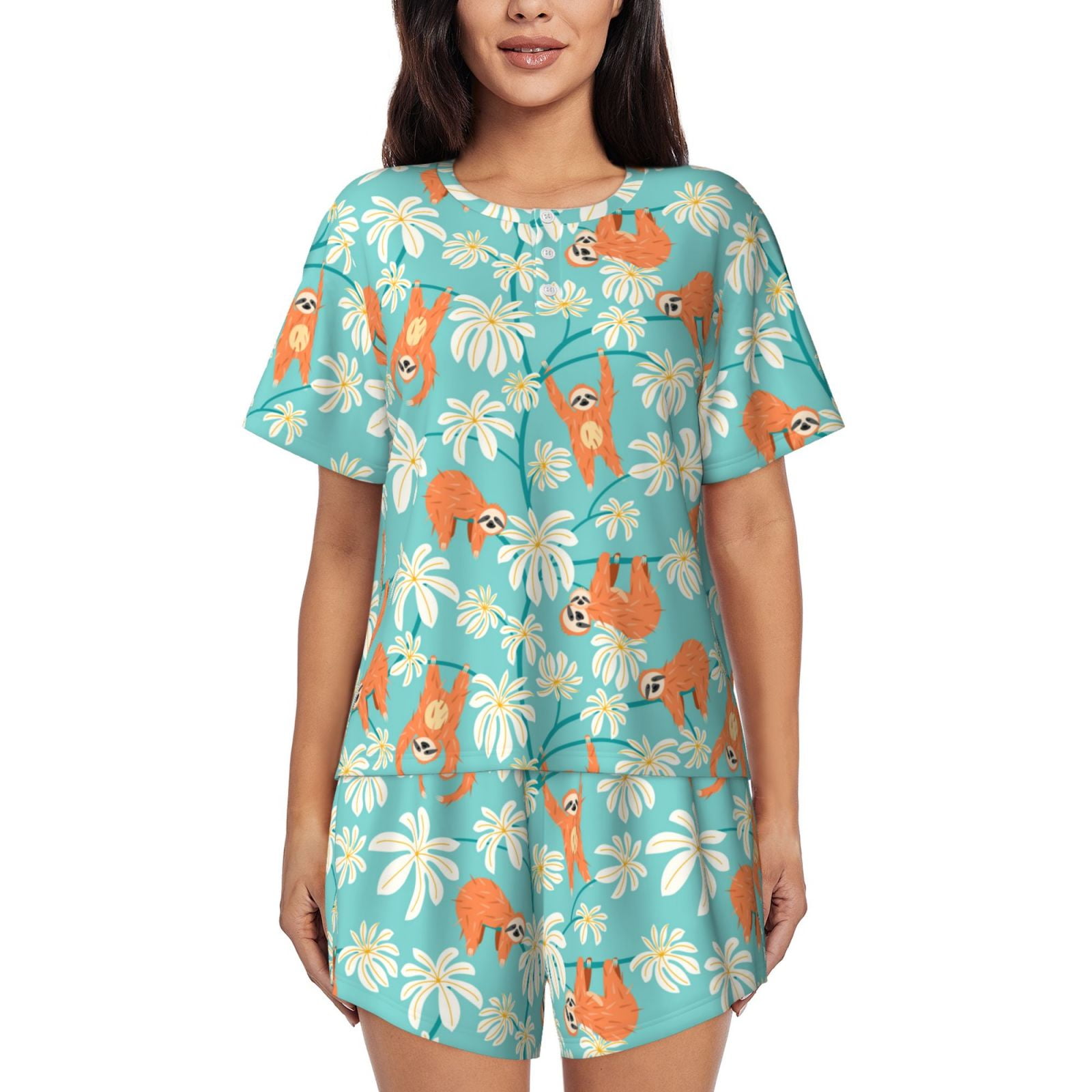 Zeuib Cute Sloth on Floral Tree Womens Pajamas Sets Shorts 2 Piece ...
