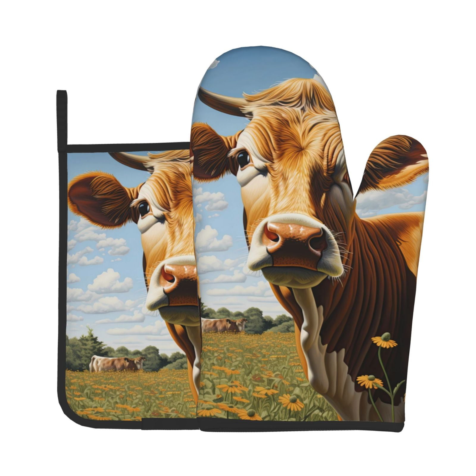 Zeuib Daisy Flower Field Cow Print Oven Mitt & Pot Holder Set 2-Pack ...