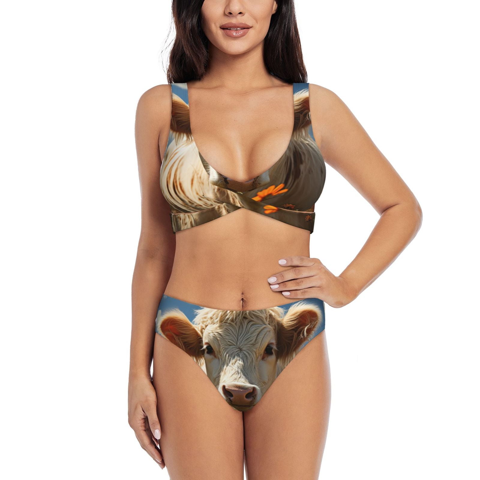 Zeuib Daisy Meadow Cow High Waisted Tummy Control Bikini Set - Knot Front Push Up Top & Cheeky ...