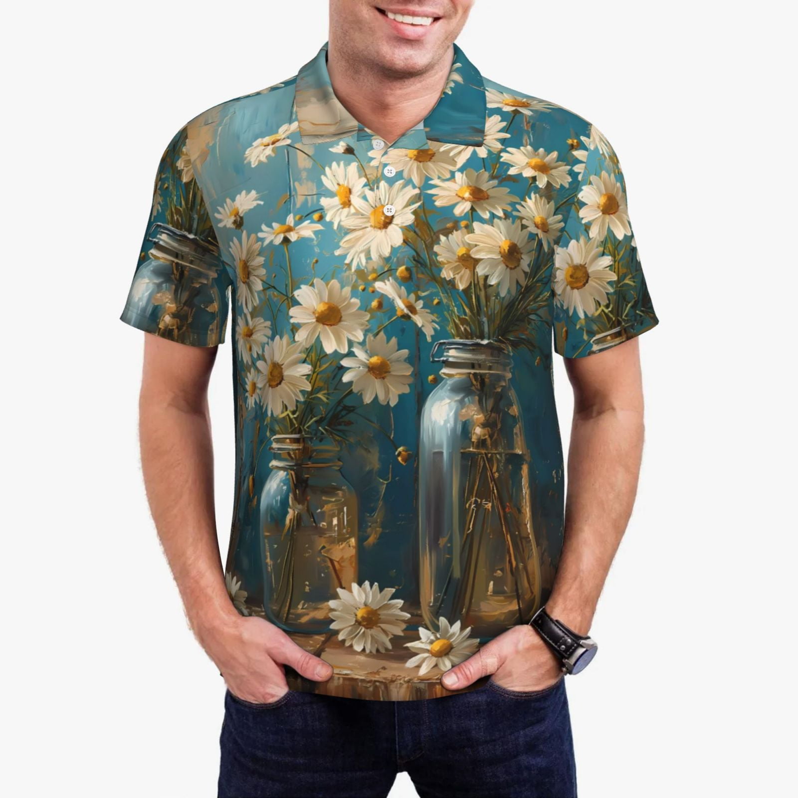 Zeuib Delicate White Daisy Jars Print Men's Athletic Fit Golf Polo ...