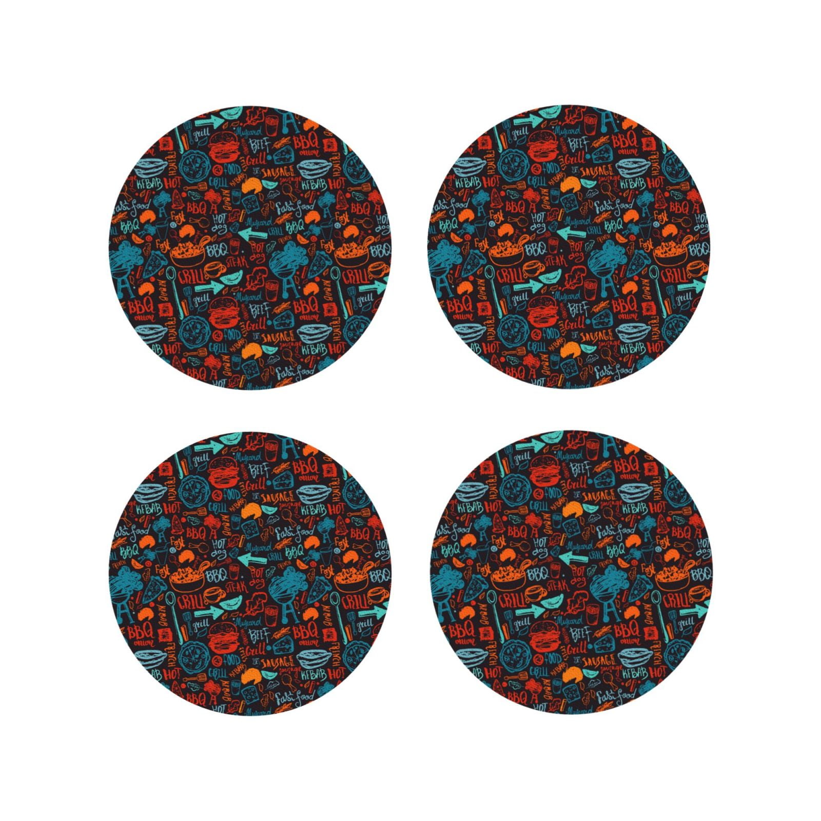 Zeuib Doodle Barbeque Print Set of 4 Coasters for Drinks, Glass & Cups ...
