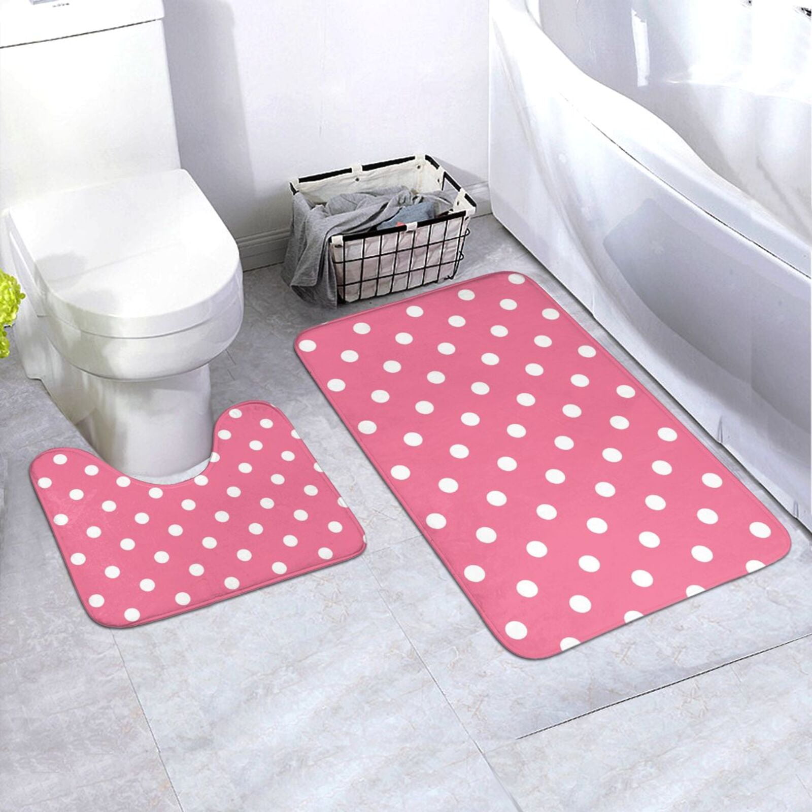 Zeuib Dots On Rose Red Background Water/Dust Absorbent bath rug set ...