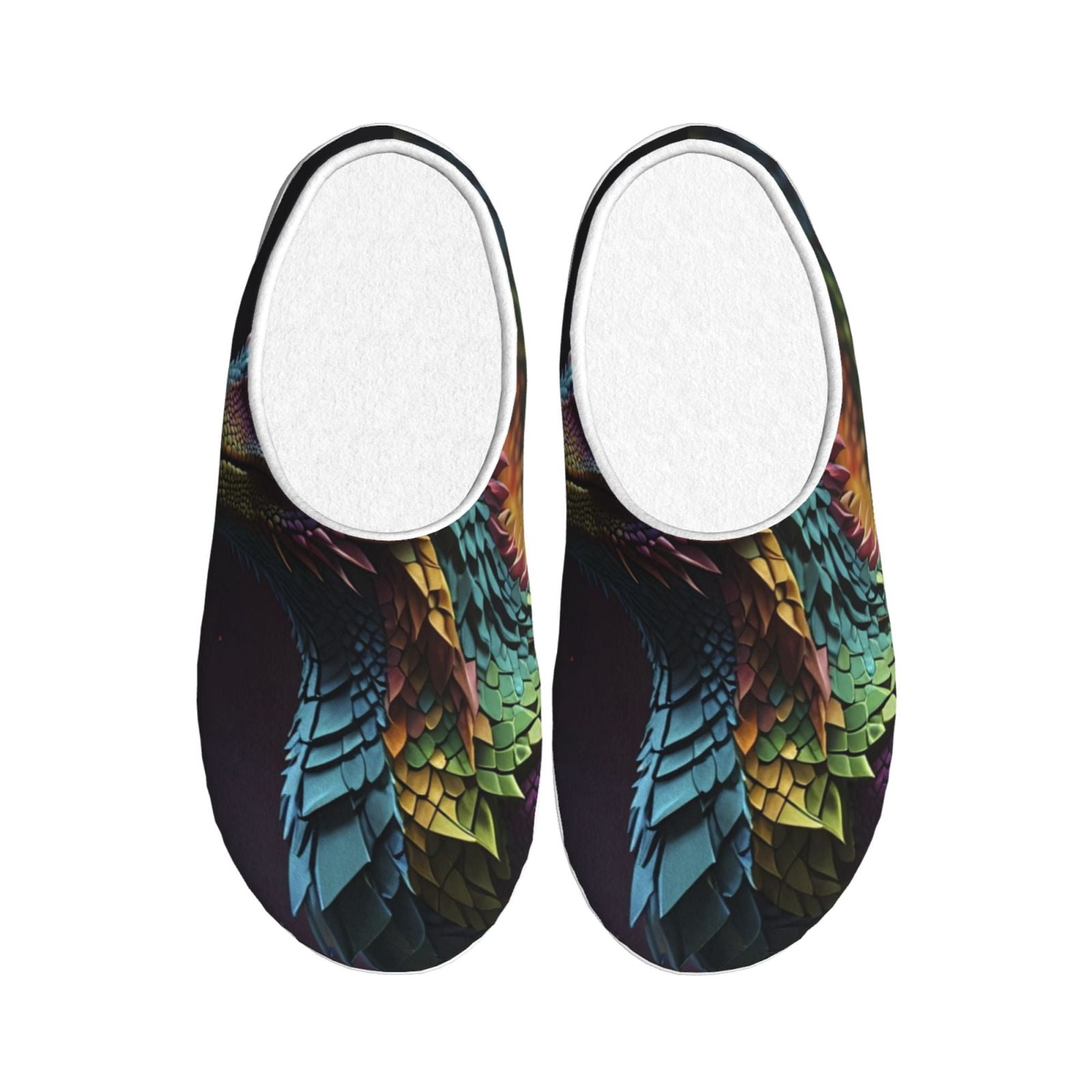 Zeuib Dragon with Colorful Tail Print Autumn and Winter Slippers,Fuzzy ...
