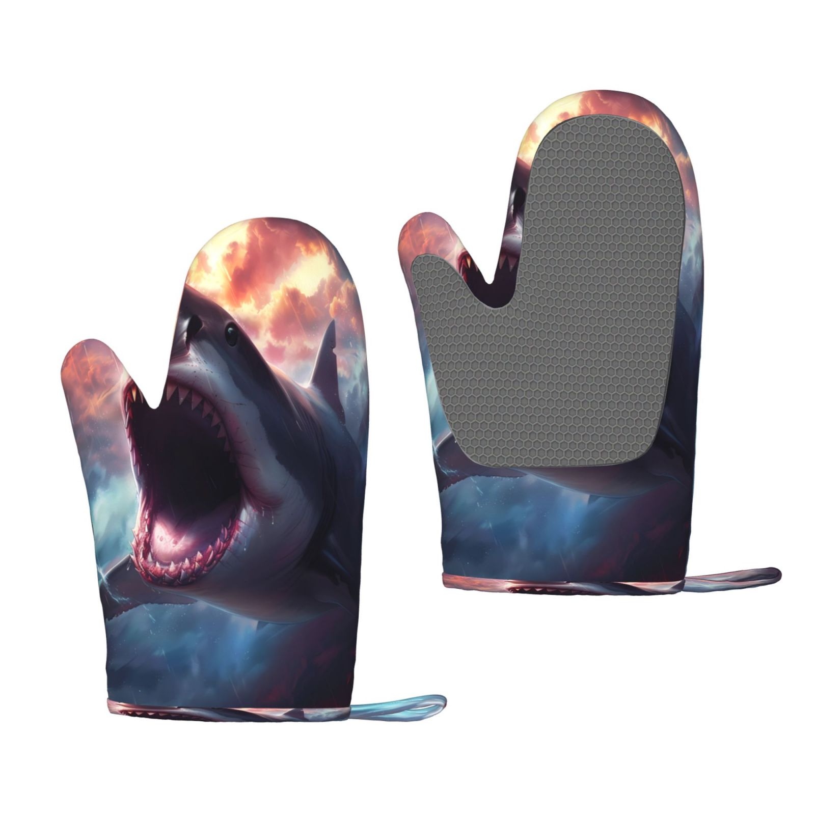 Zeuib Dramatic Shark Attack Print Oven Mitts, Oven Gloves with Non-Slip ...