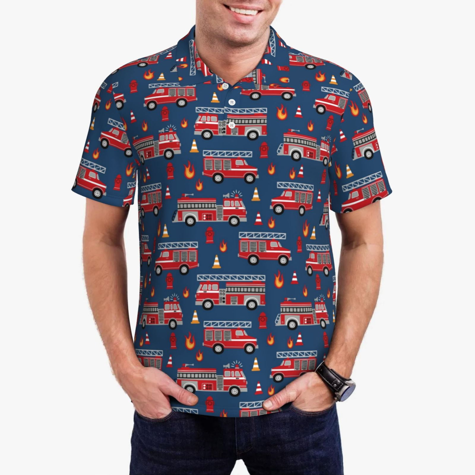 Zeuib Fire Truck 1 Print Men's Athletic Fit Golf Polo Shirt,Performance ...