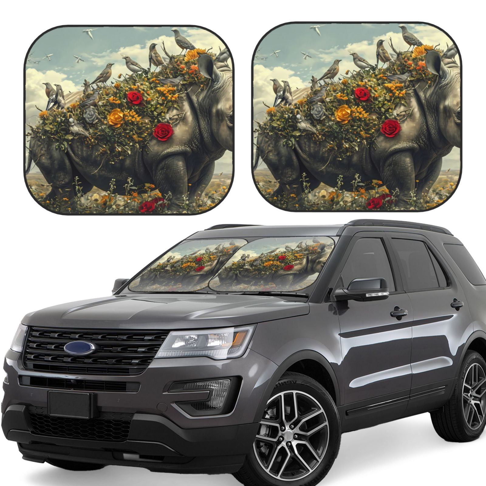 Zeuib Floral Rhino With Birds Print Car Windshield Sun Shade ,2 Piece ...