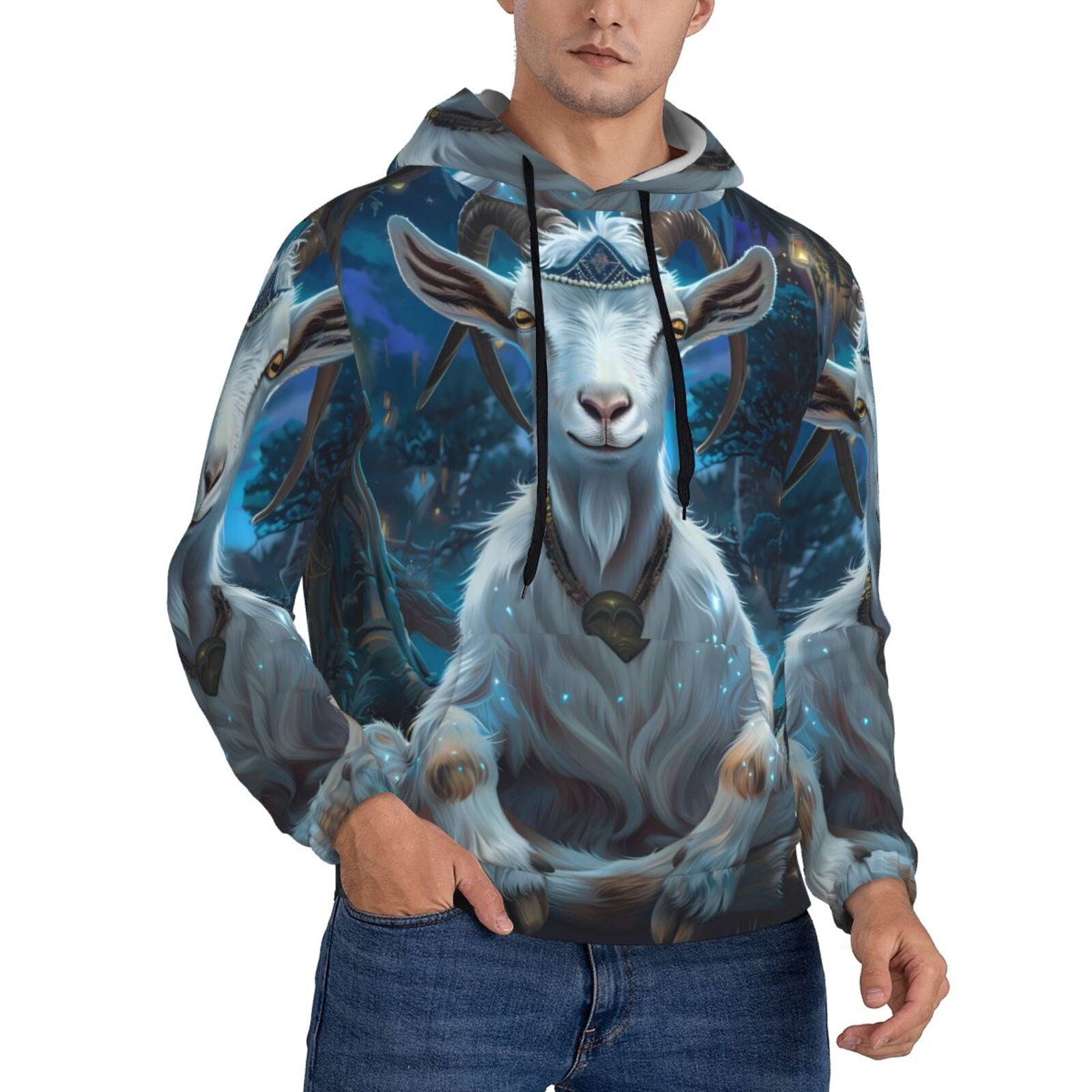 Zufioo Forest Meditating Goat Design Fleece Comfortable Hoodie for Mens ...
