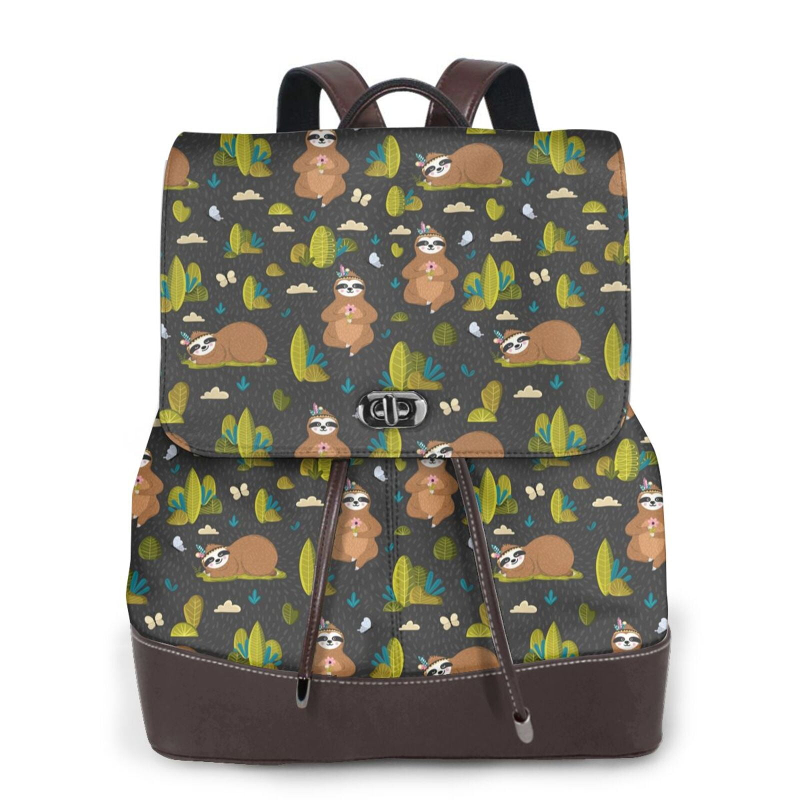 Zeuib Funny Sloths In The Forest Print Leather Backpack for Women ...