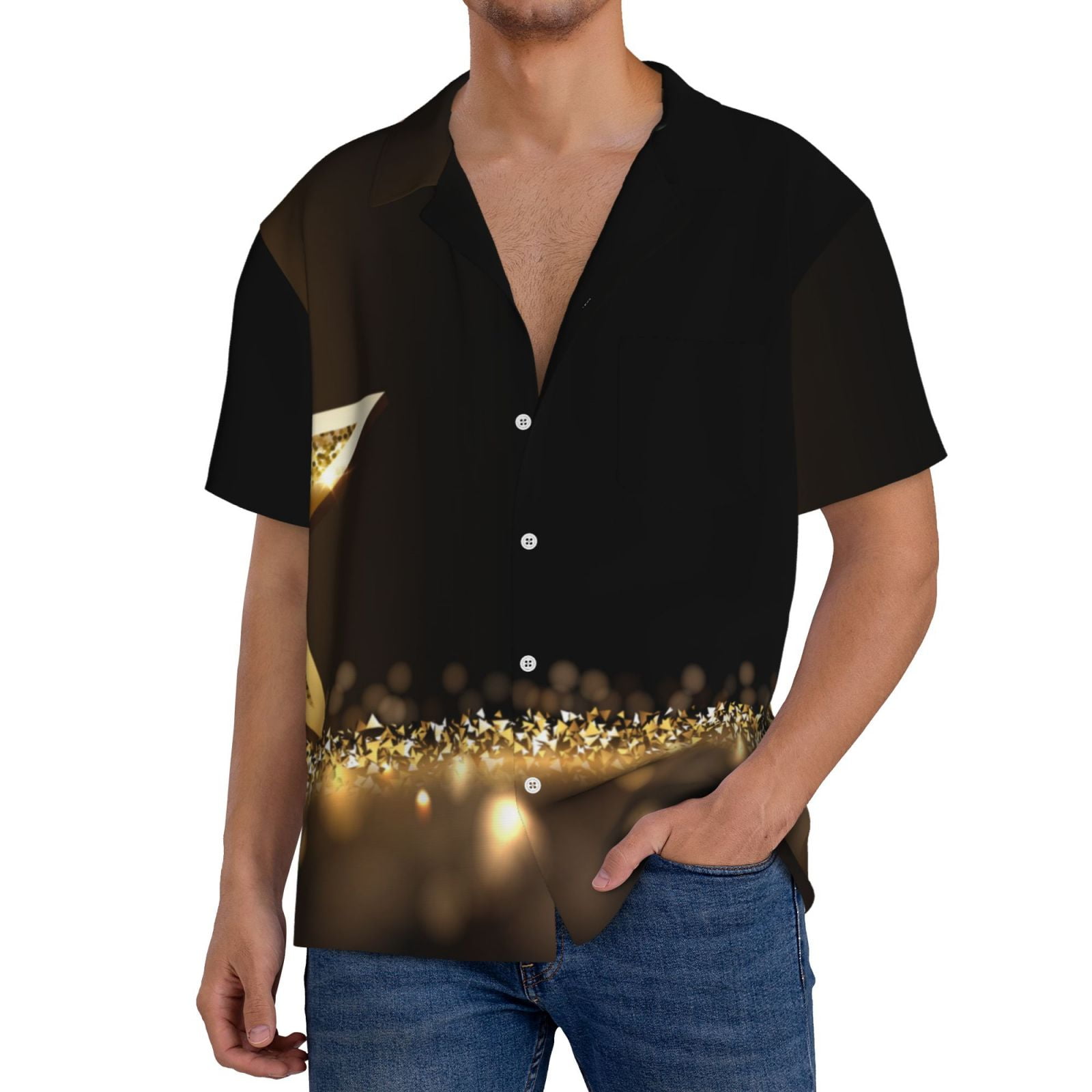 Zeuib Gold Glittering Stars Men's Short Sleeve Button-Down Shirt,Cuban ...
