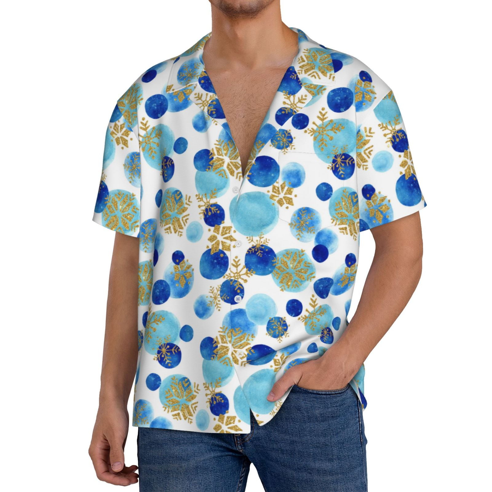 Zeuib Golden Blue Snowflakes Men's Short Sleeve Button-Down Shirt,Cuban ...