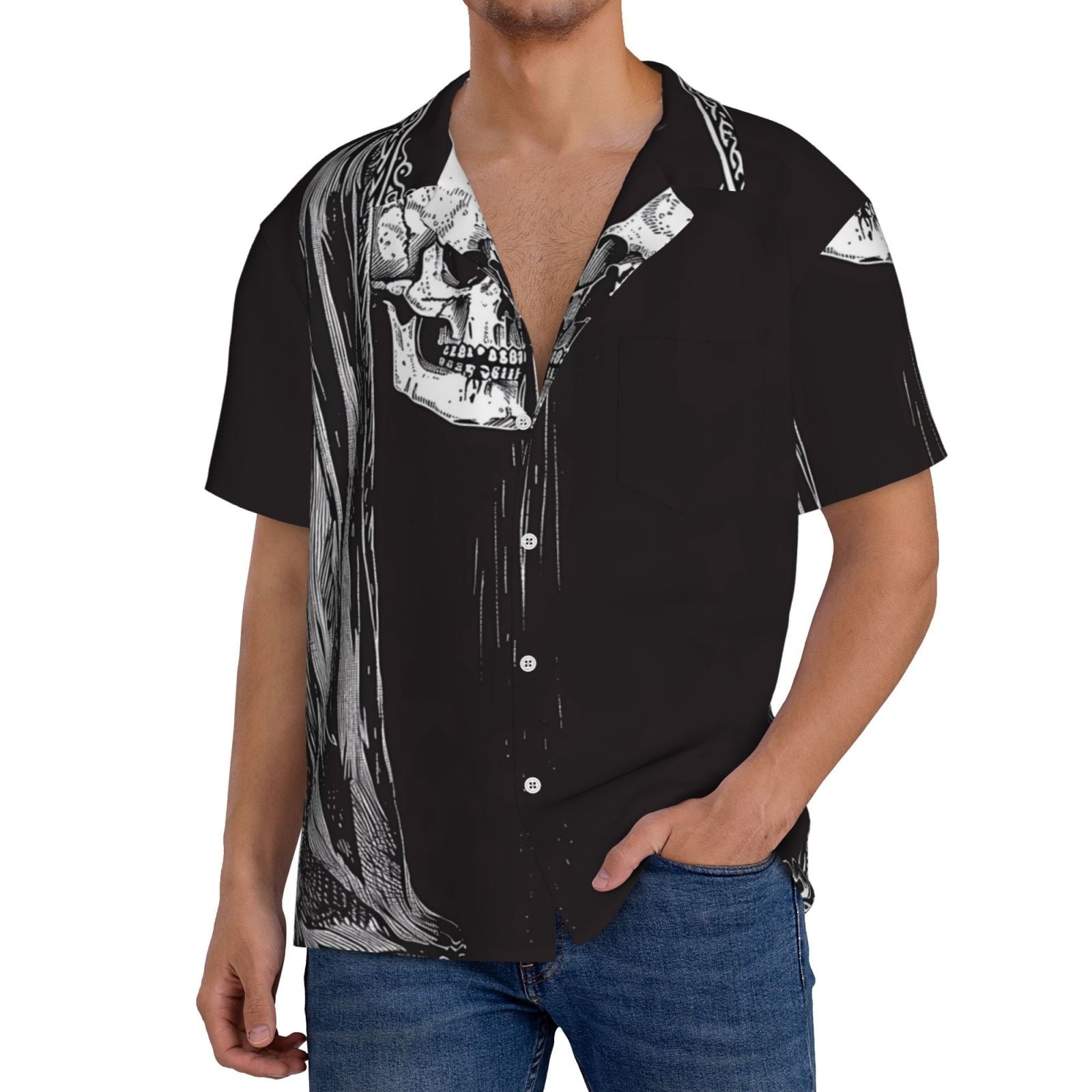 Zeuib Gothic Skull Drape Men's Short Sleeve Button-Down Shirt,Cuban ...