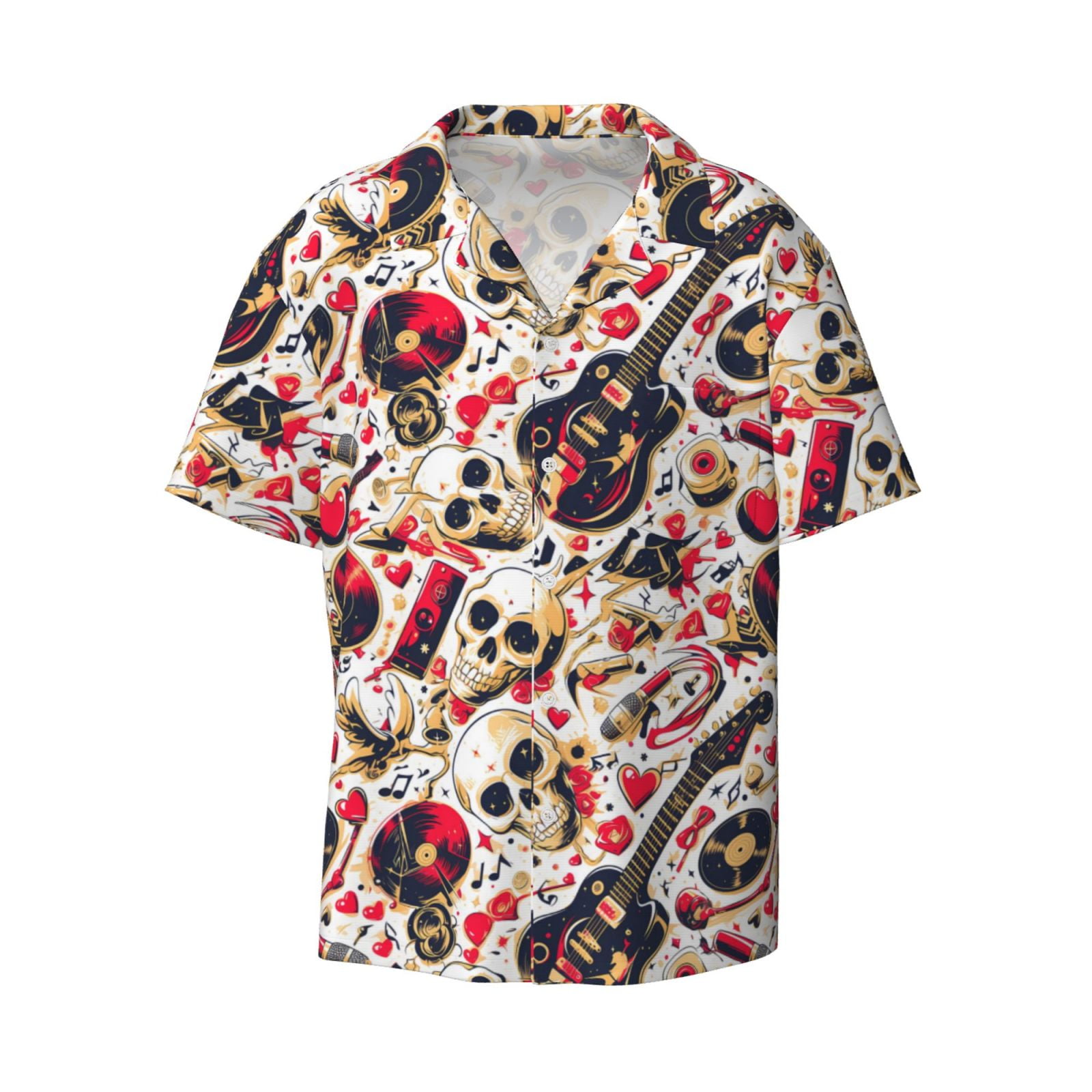 Zeuib Guitar Skull rock Men's Short Sleeve Button-Down Shirt: Classic ...