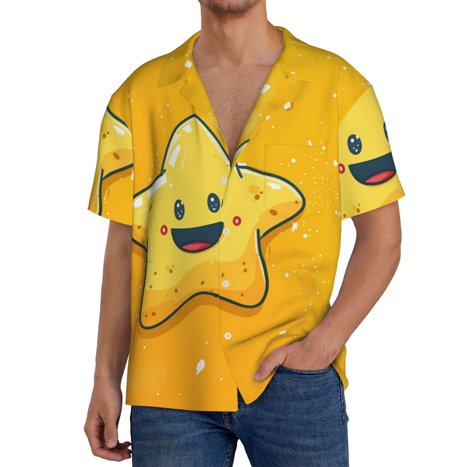 Zeuib Happy Cartoon Star Men's Short Sleeve Button-Down Shirt,Cuban ...
