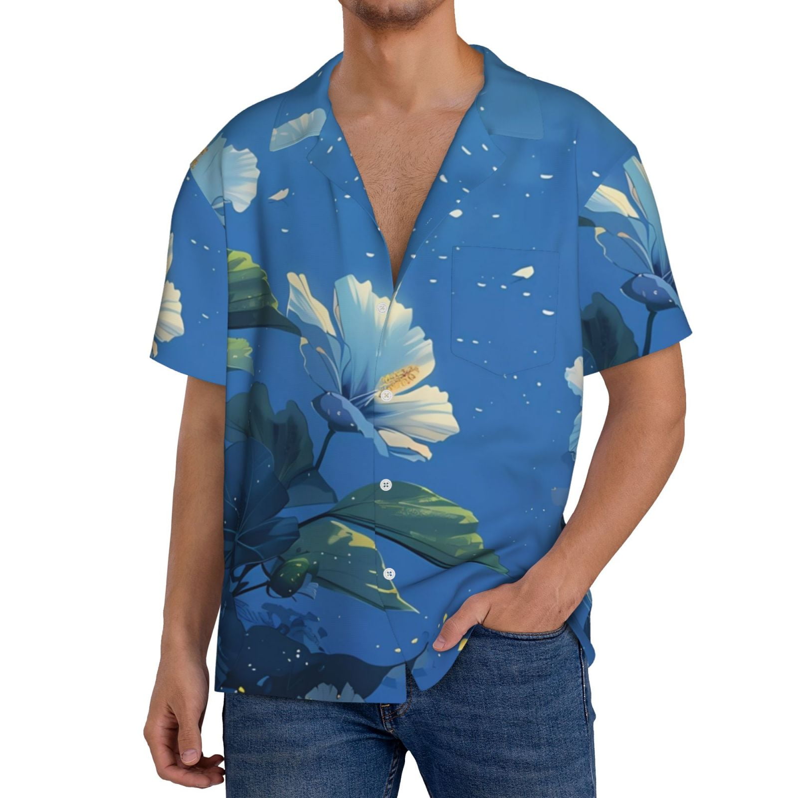 Zeuib Hibiscus Flowers Calm Water Men's Short Sleeve Button-Down Shirt ...