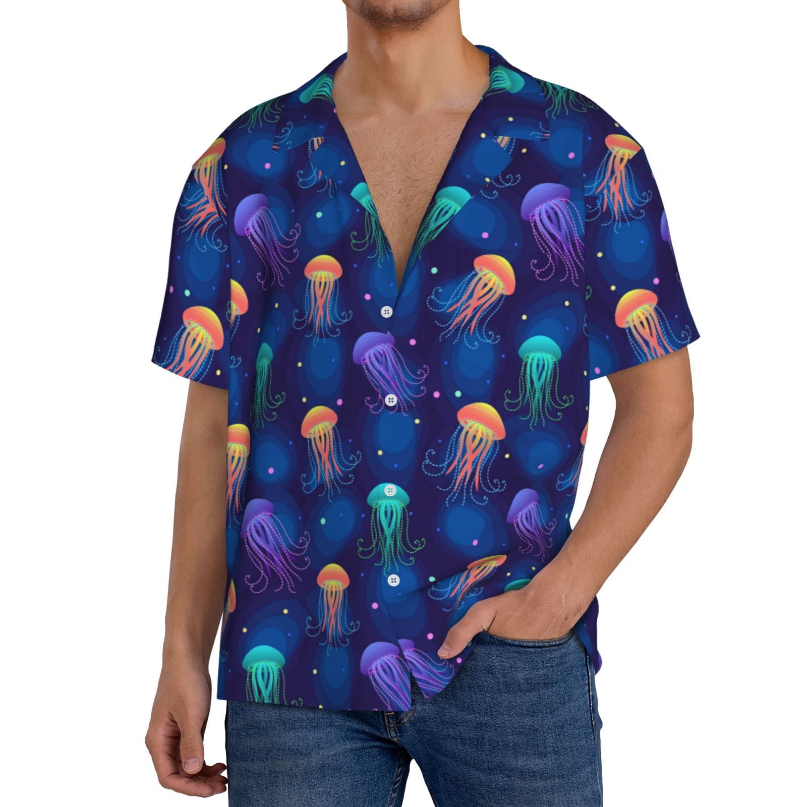 Zeuib Jellyfish colorful Men's Short Sleeve Button-Down Shirt,Cuban ...