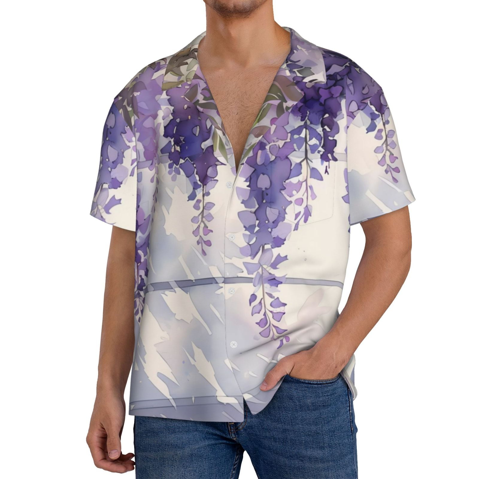 Zeuib Lavender Blooms Window Men's Short Sleeve Button-Down Shirt,Cuban ...