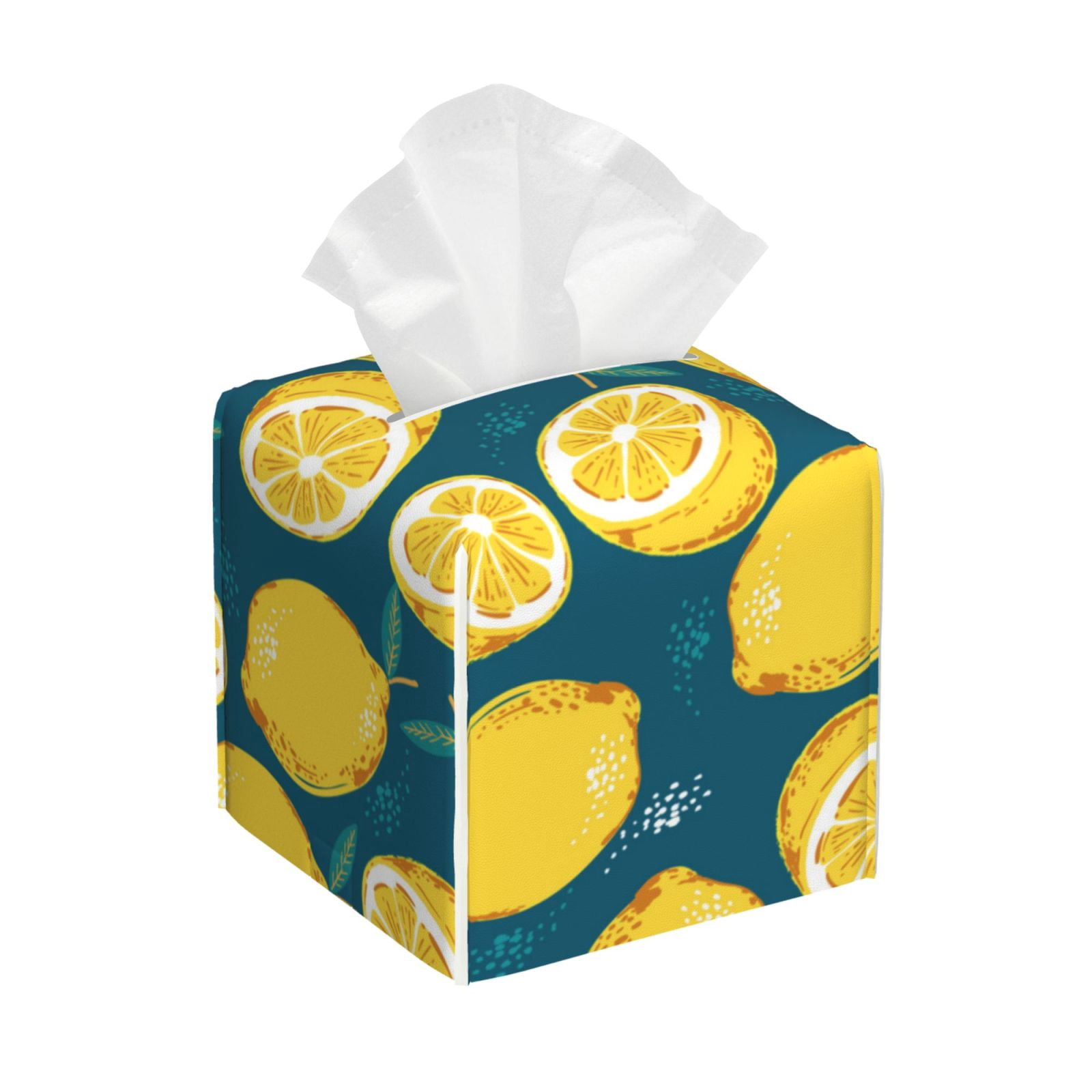 Zeuib Lemon Print Tissue Box Cover,PU Leather Tissue Holder,Square ...