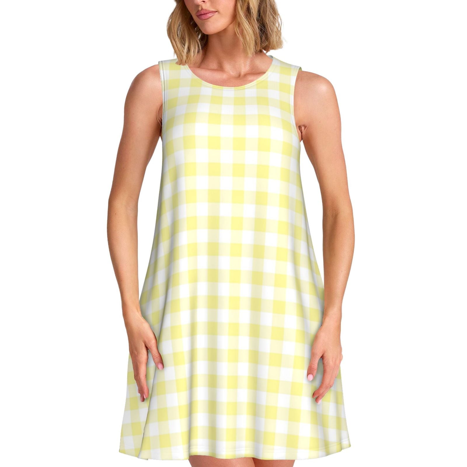 Zeuib Lemon Yellow Checkboard Print Women's Sleeveless Dress,Beach ...