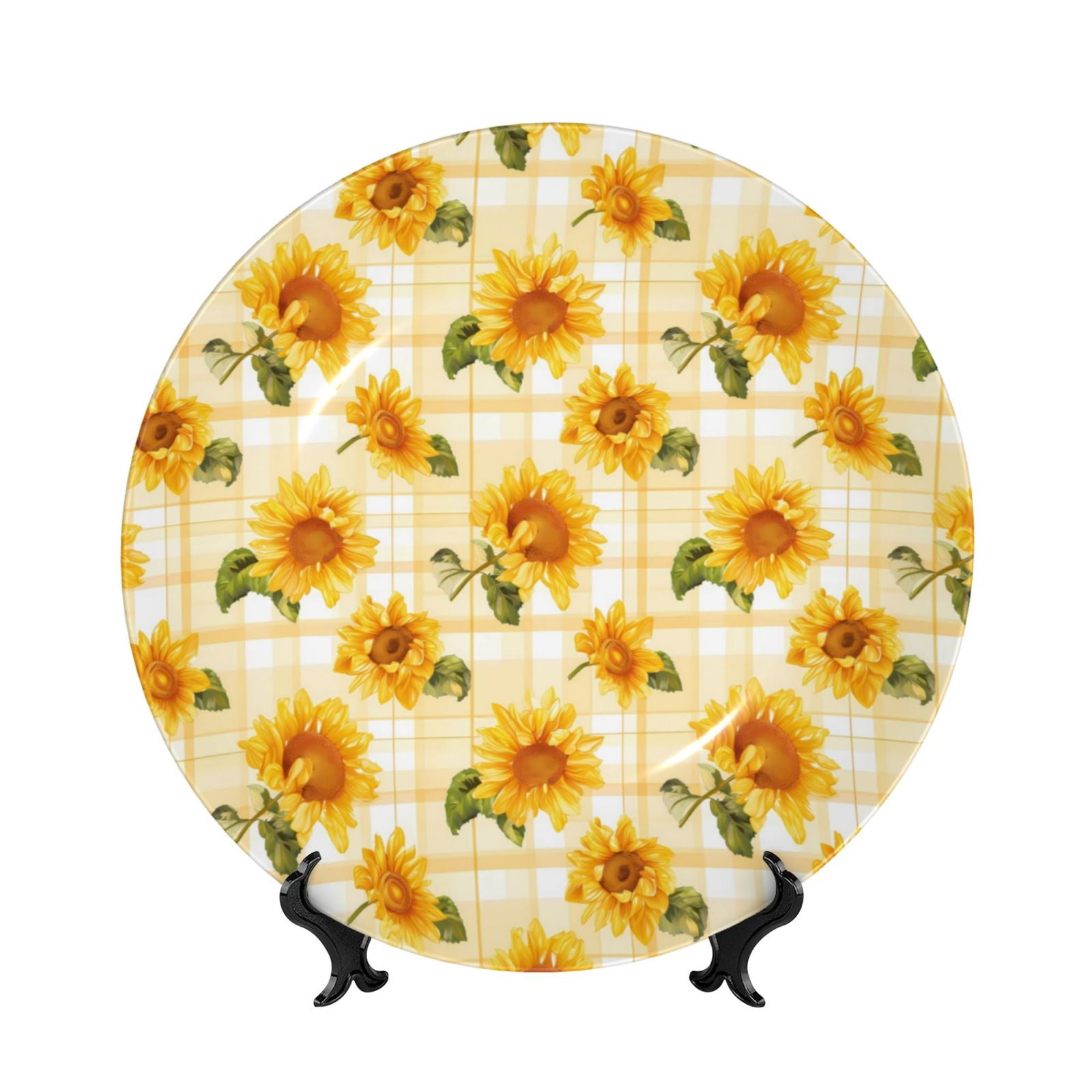 Zeuib Light Yellow Plaid Sunflower Print Decorative Plate for Display ...