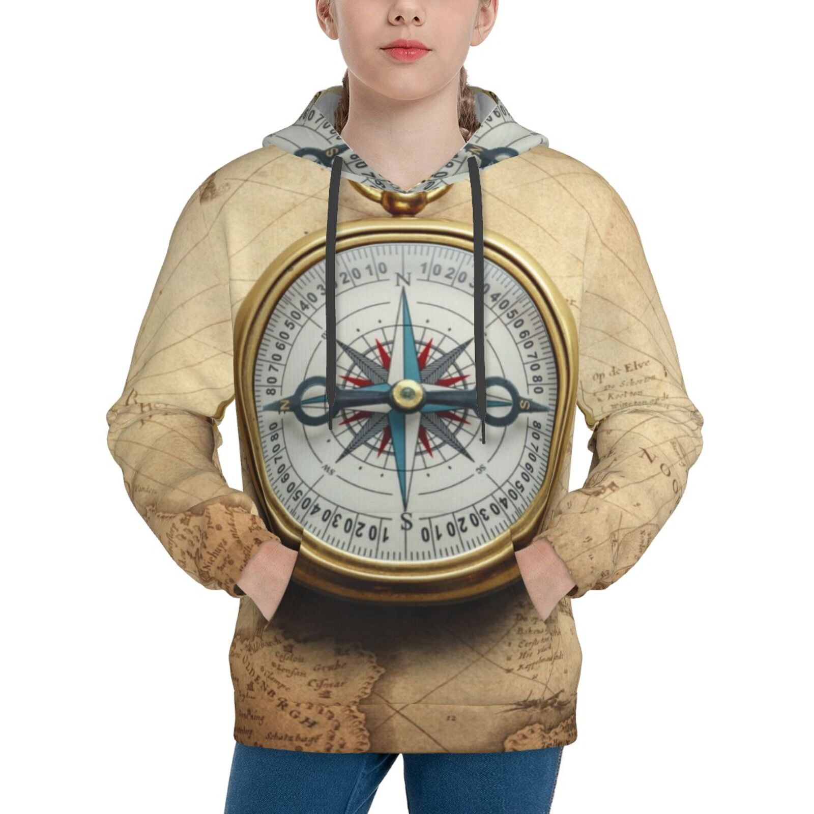 Zufioo Magnetic Old Compass On World Map Design Hoodies For Boys and ...