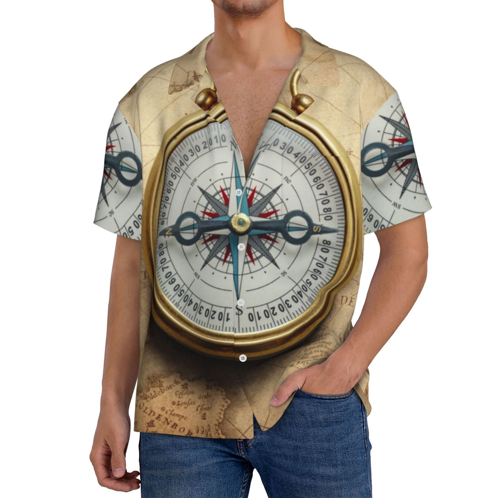 Zeuib Magnetic Old Compass On World Map Men's Short Sleeve Button-Down ...