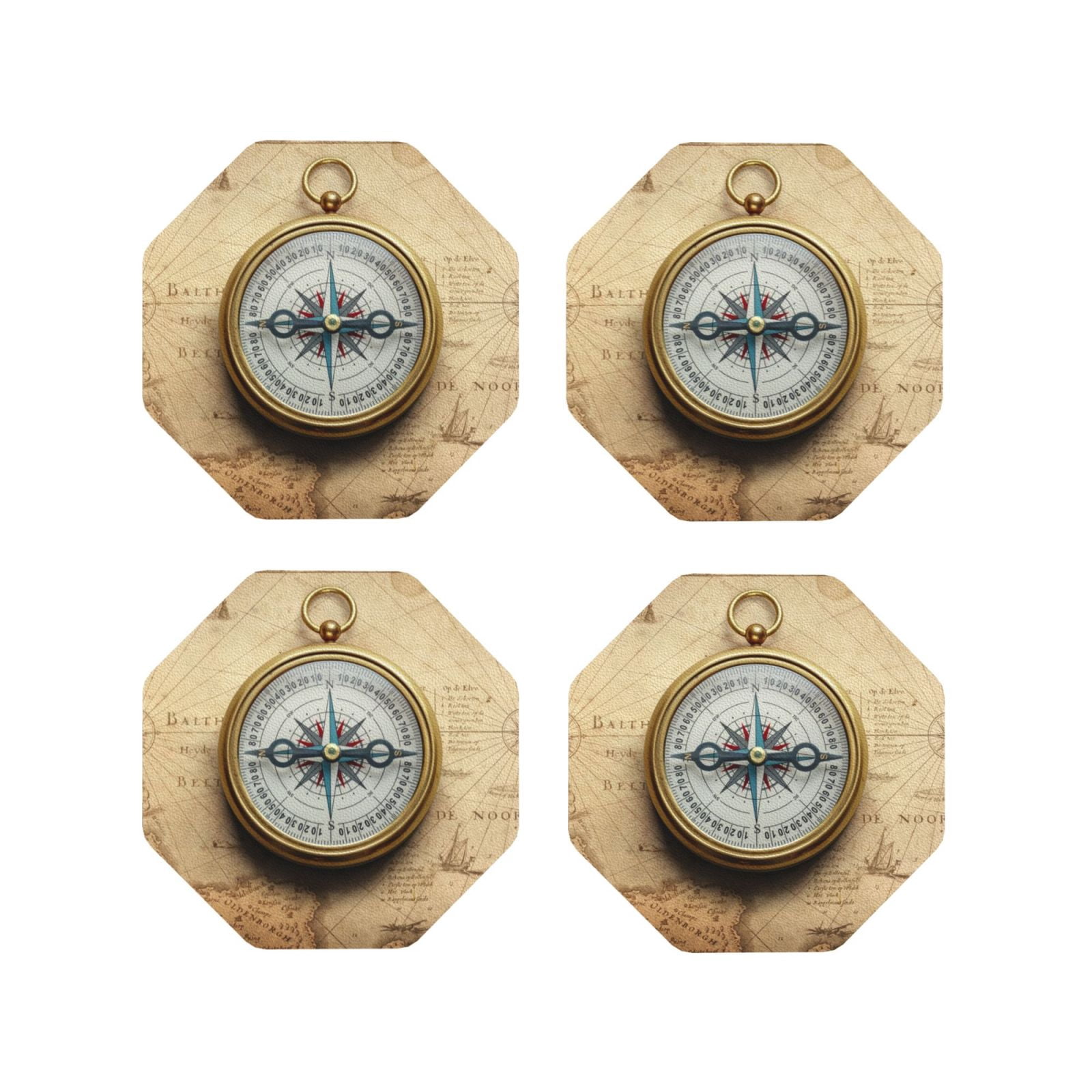 Zeuib Magnetic Old Compass On World Map Print Set of 4 Coasters for ...