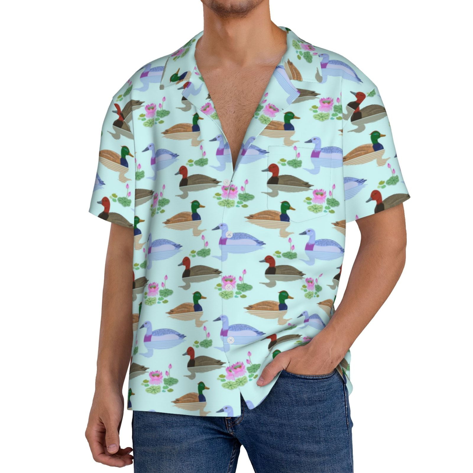 Zeuib Mallard Duck Of Lotus Flowers Men's Short Sleeve Button-Down ...