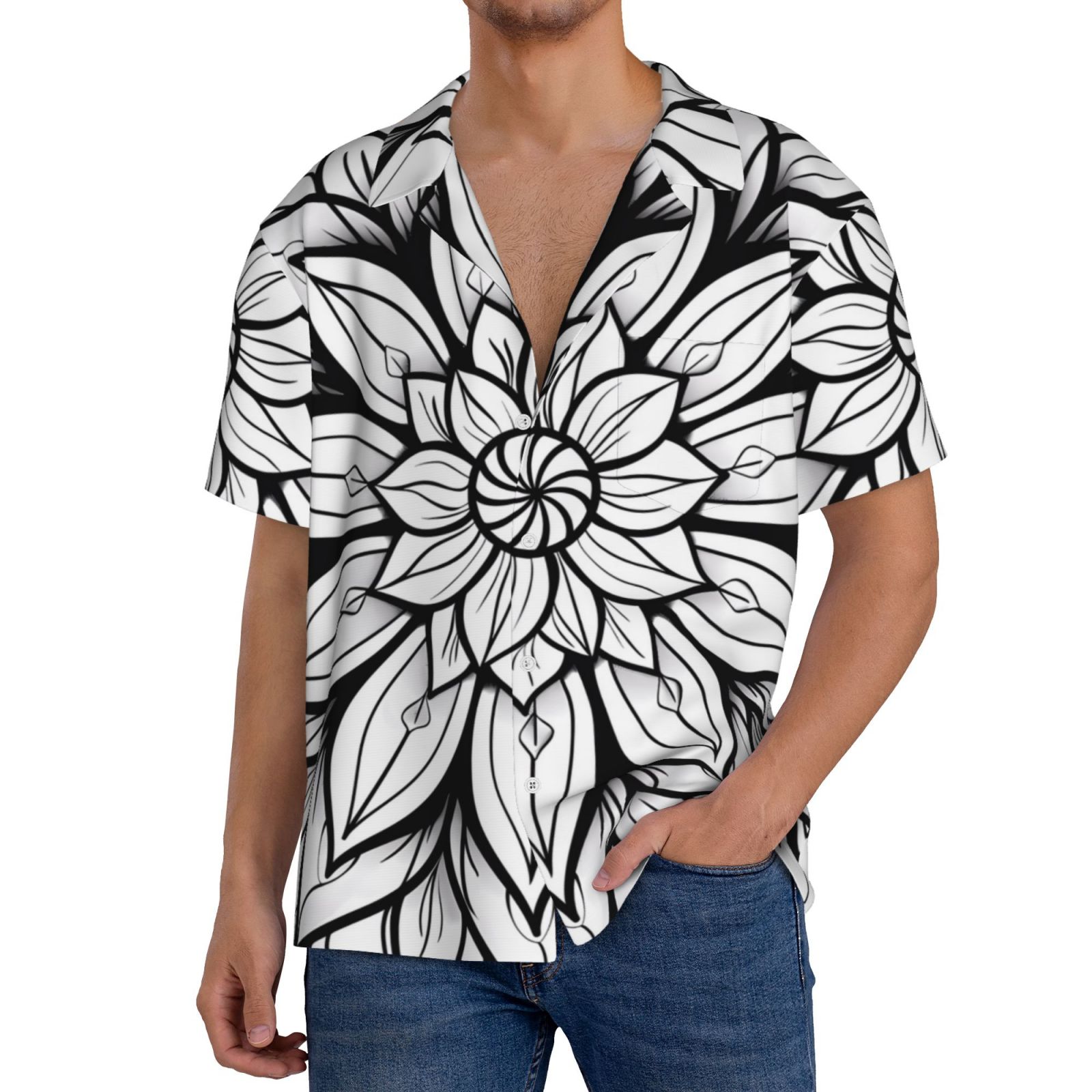 Zeuib Mandala Floral Line Art Men's Short Sleeve Button-Down Shirt ...