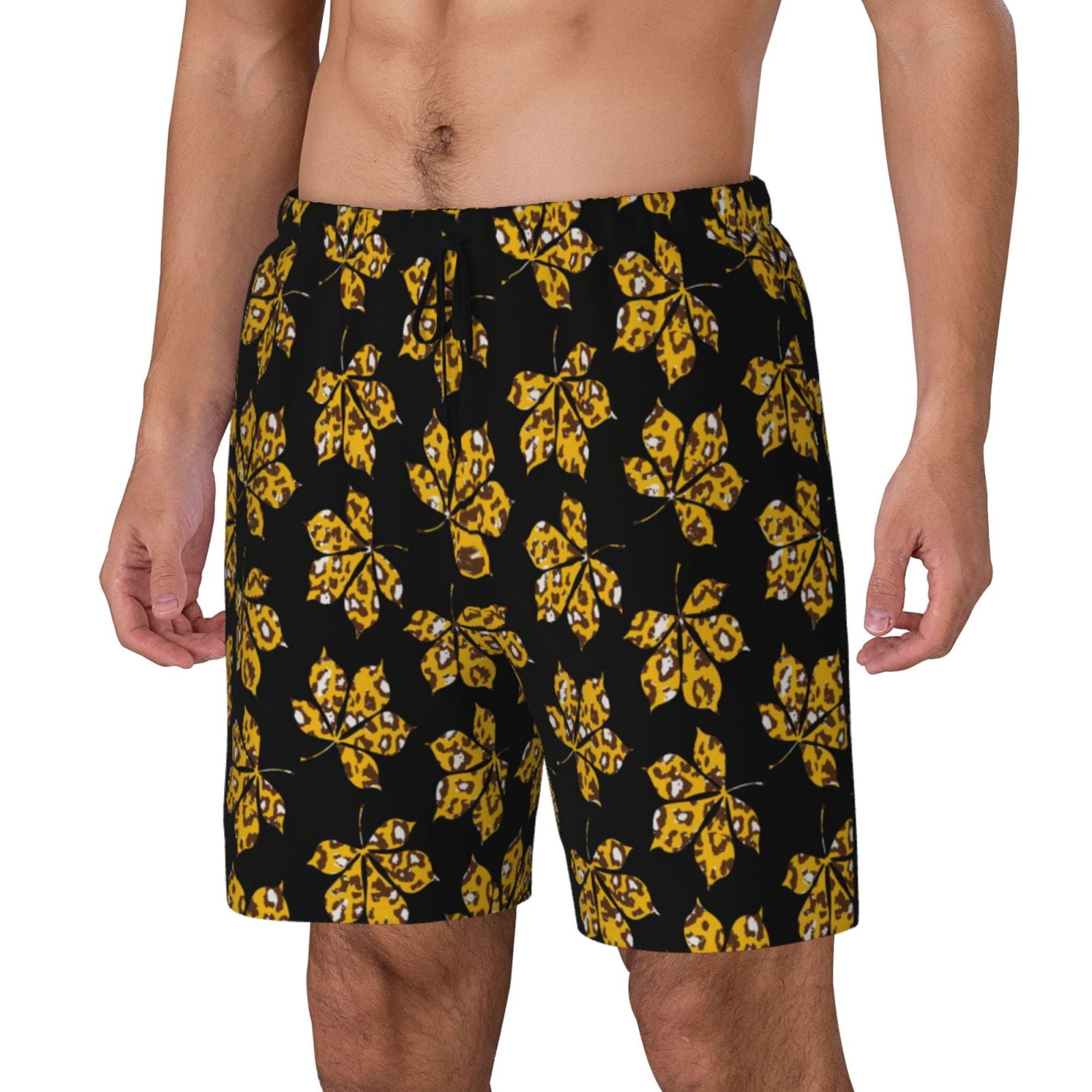 Zeuib Maple Leaves With Leopard Print Swimming Trunks for Men Boys ...