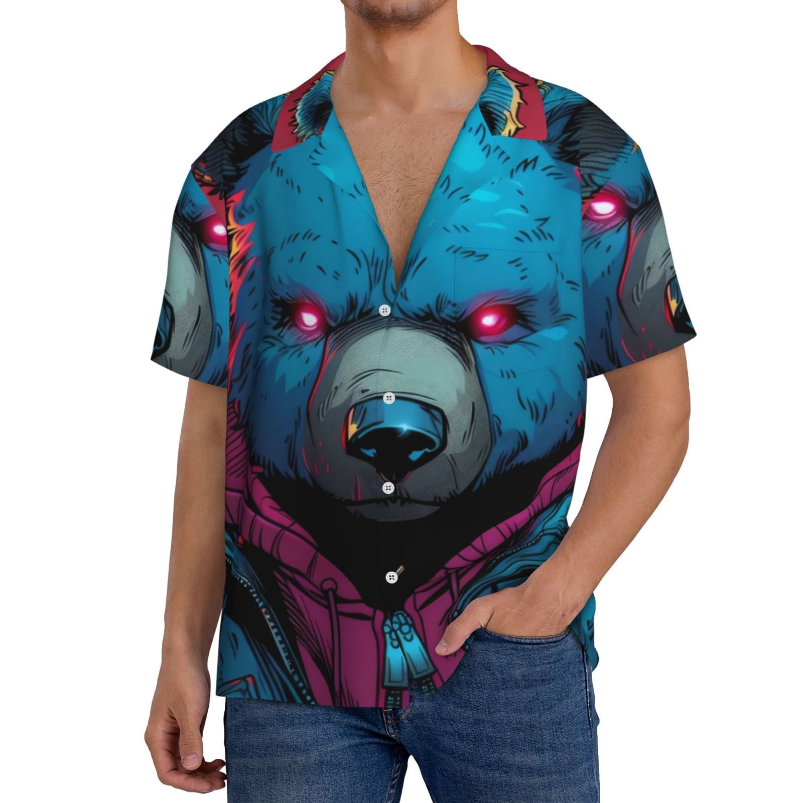 Zeuib Neon Cyberpunk Blue Bear Men's Short Sleeve Button-Down Shirt,Cuban Shirts Classic ...