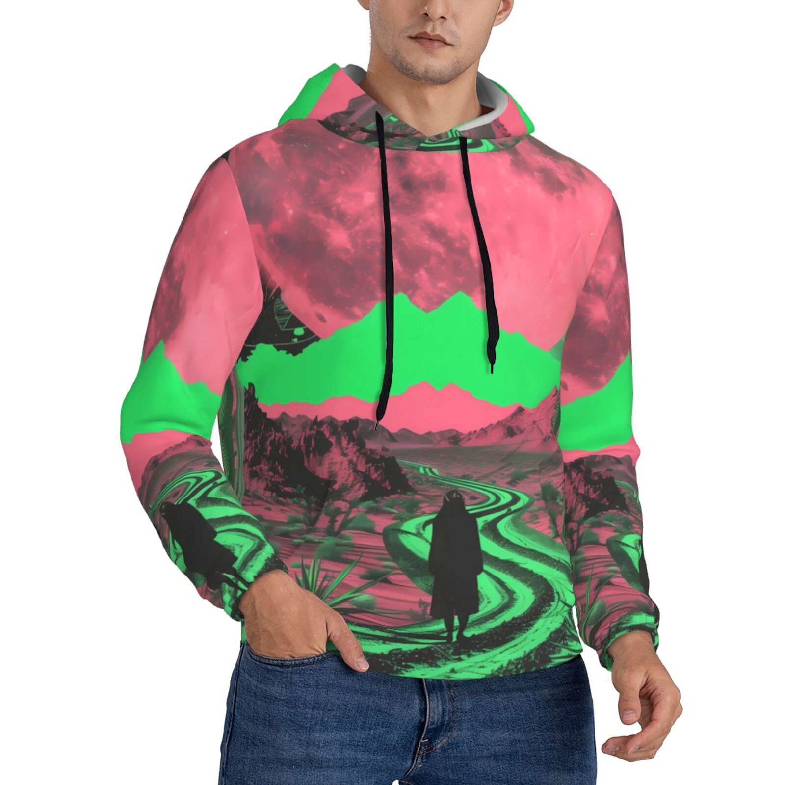 Zufioo Neon Desert Moon Design Fleece Comfortable Hoodie for Mens ...