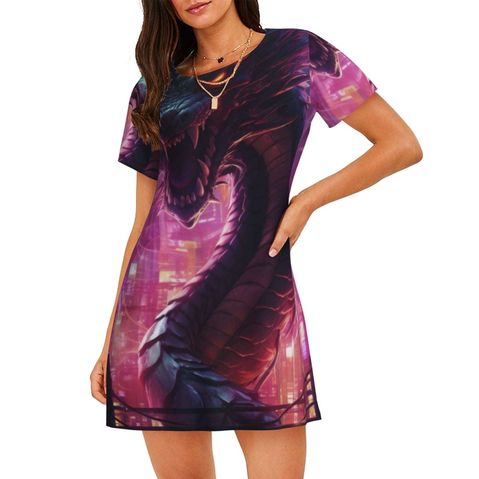 Zeuib Neon Futuristic Dragon Print Women's Nightgown,Short Sleeve ...