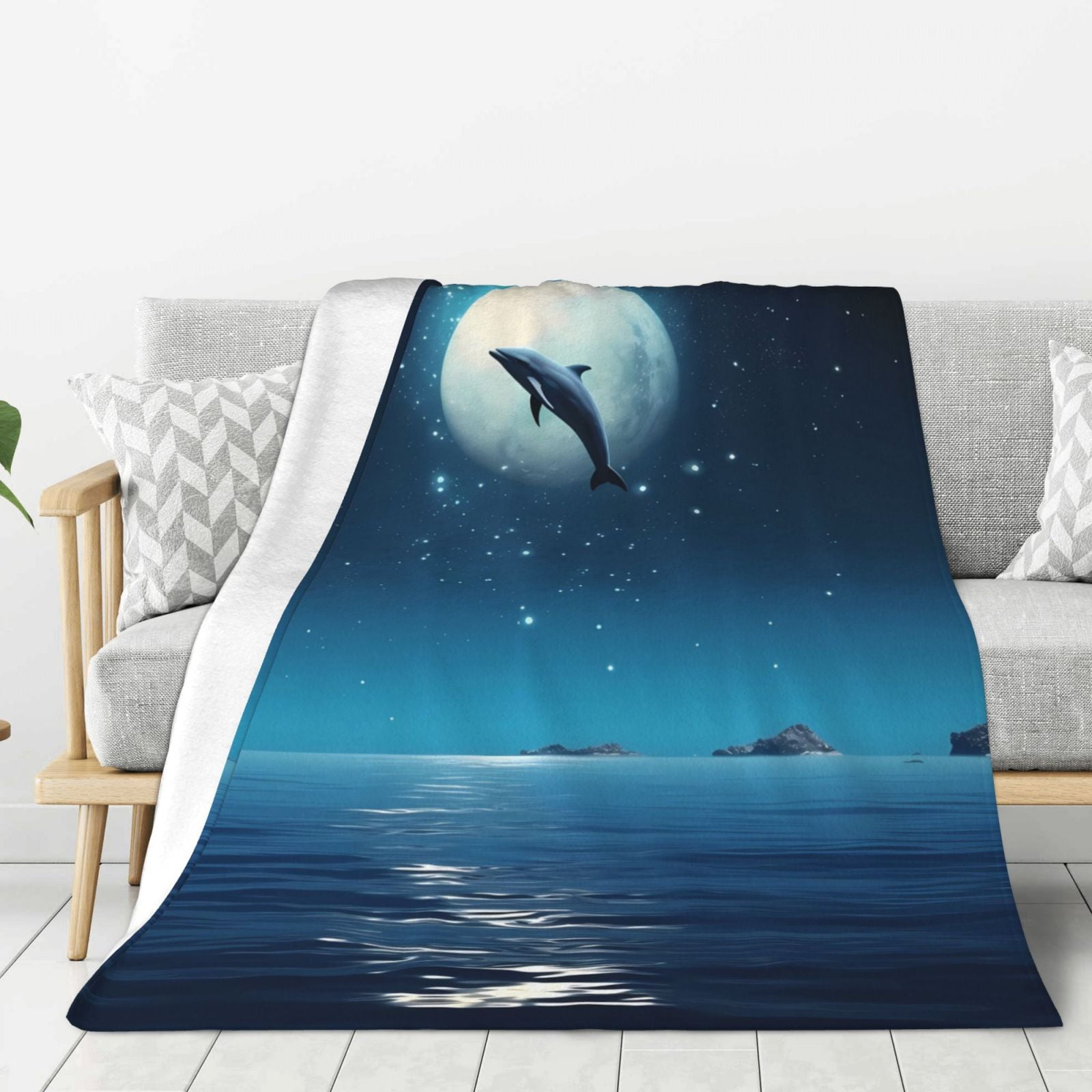 Zeuib Night Sky Moon Dolphin Print Fleece Throw Blanket,Plush Fluffy ...